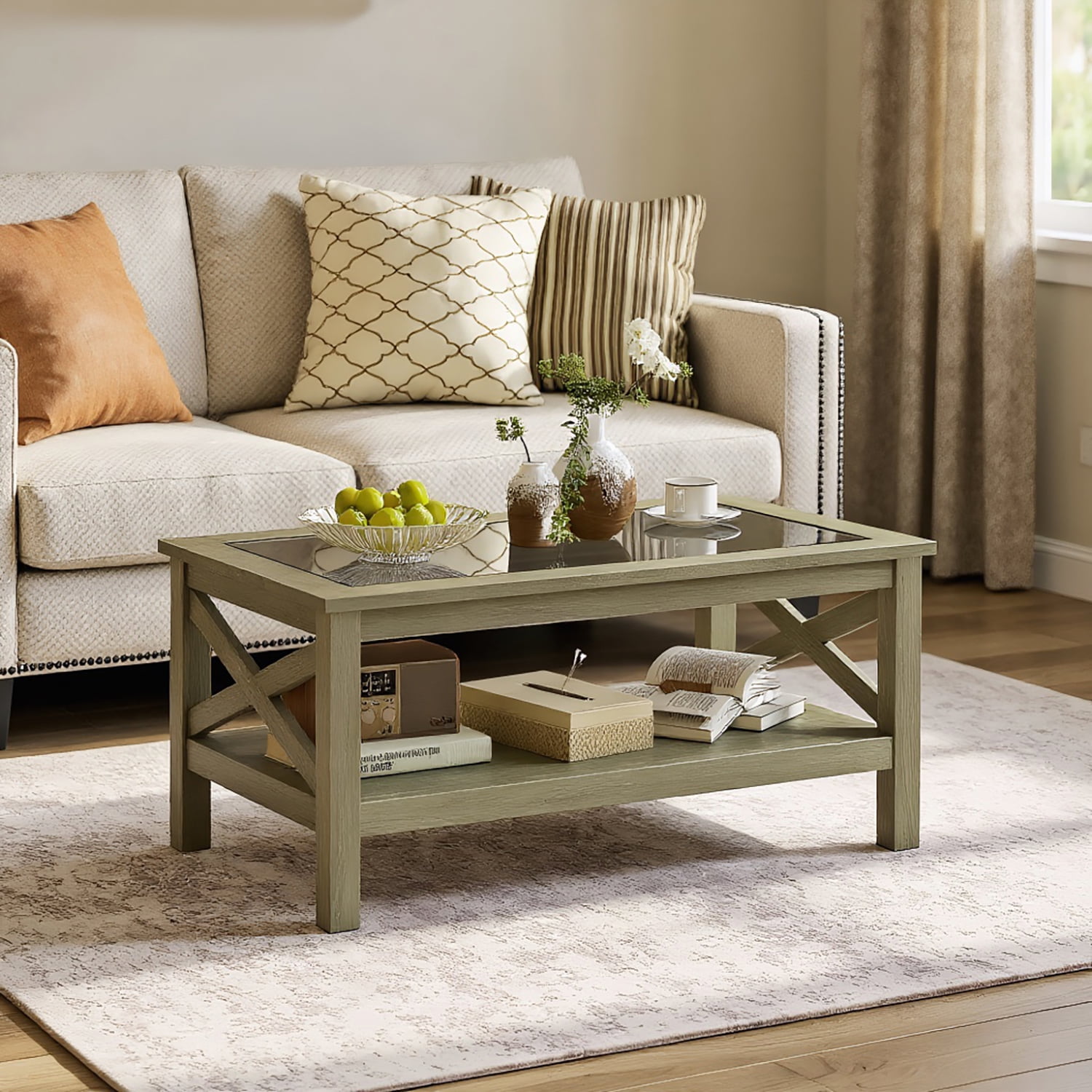 Yardi Yarda Coffee Table with Tempered Glass Tabletop, Table with Wood ...