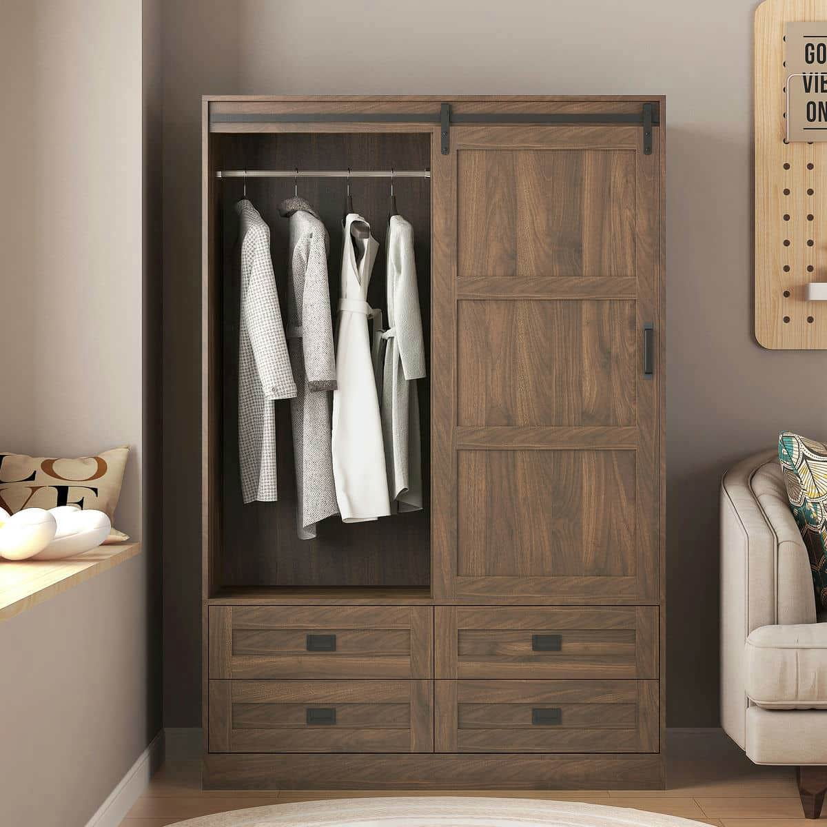 Yardi Yarda Tall Bedroom Wardrobe with Drawers and Open Shelves, Closet ...
