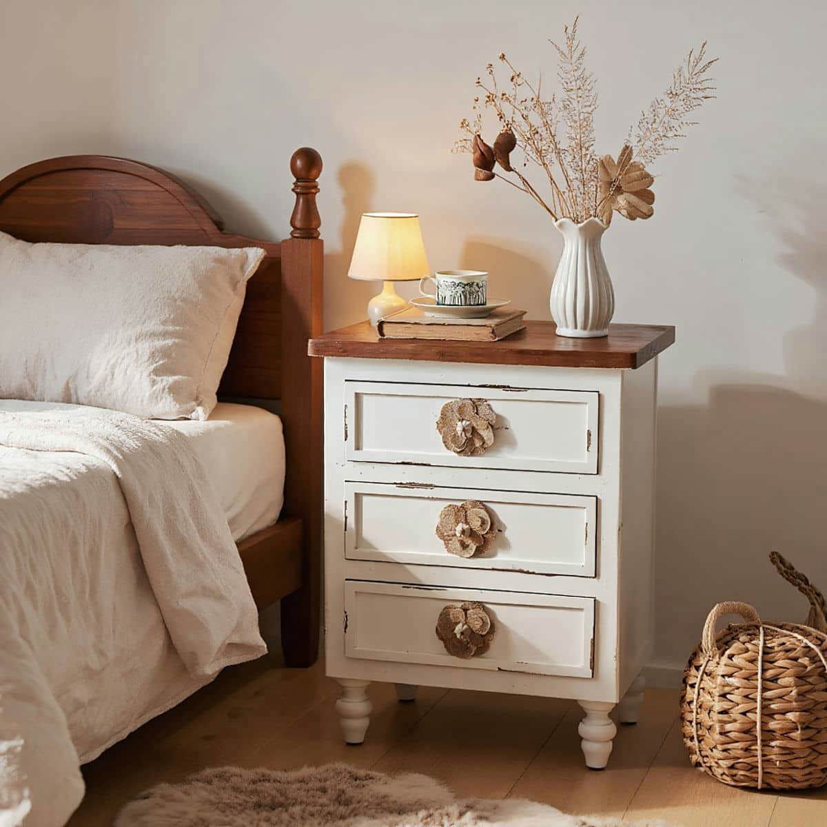 Yardi Yarda Vintage Farmhouse End Table with Floral Knobs, 19" Rustic ...