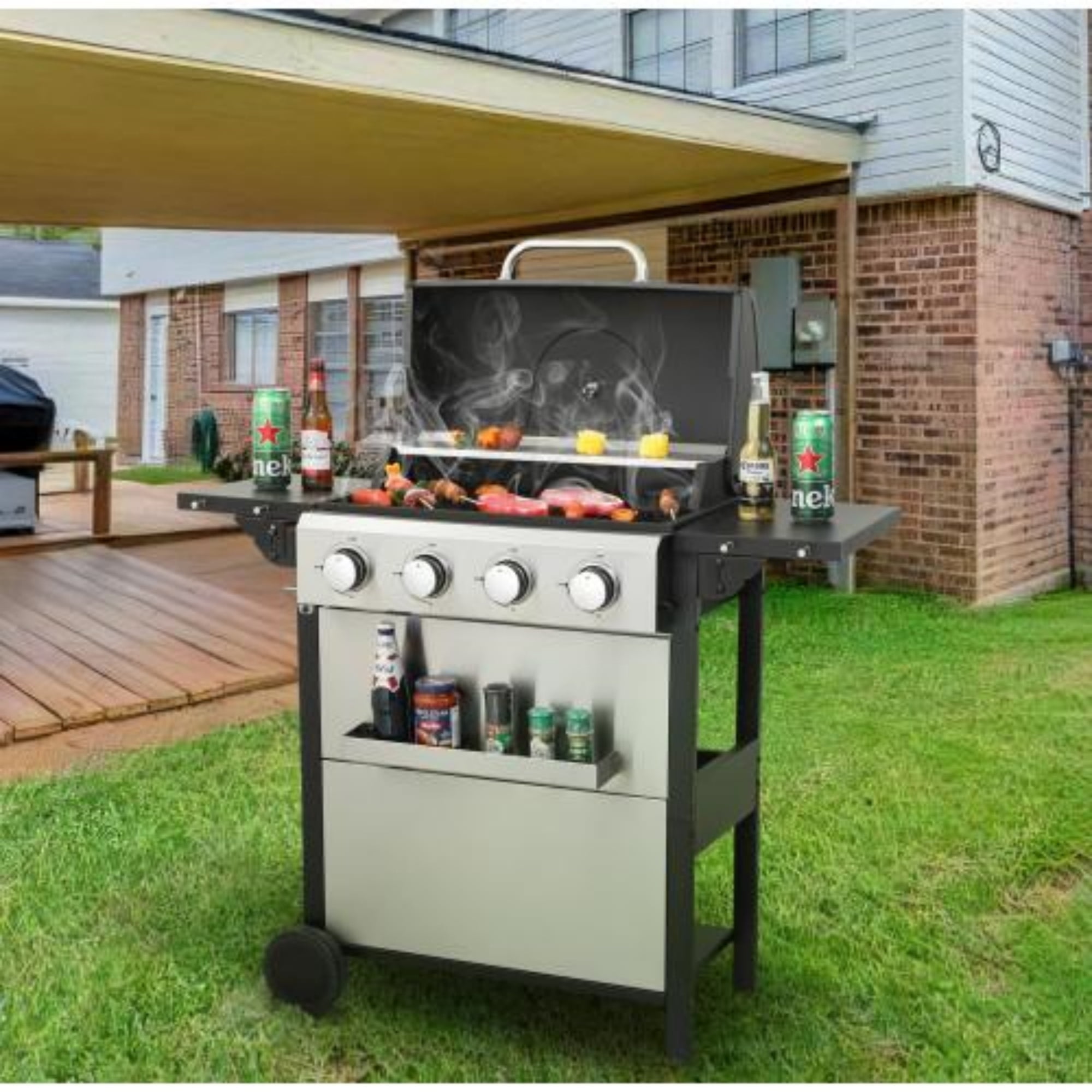 Yardmaster 4-Burner Gas Grill with Foldable Side Table, Hanging Basket ...