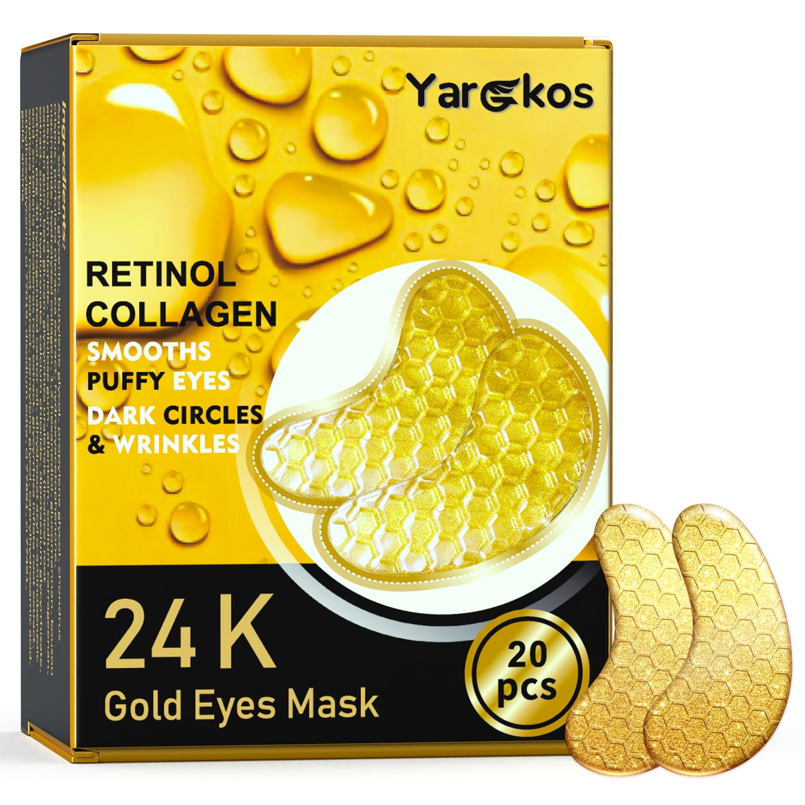 Yargkos 20 Pcs 24K STF9 Gold Under Eye Patches Collagen Golden Eye Mask ...
