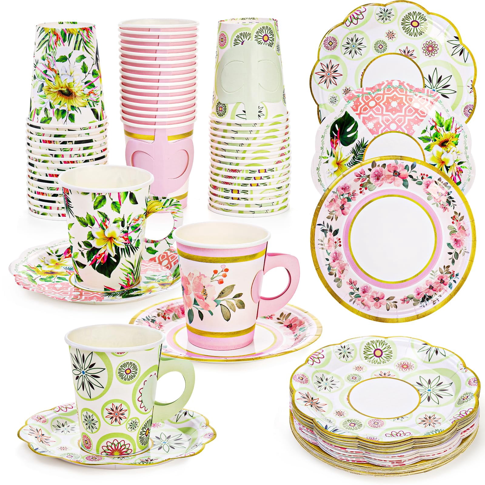 Yarlung 96 Pcs Floral Paper Tea AFN1Cups and Saucers Set, 9 Oz ...