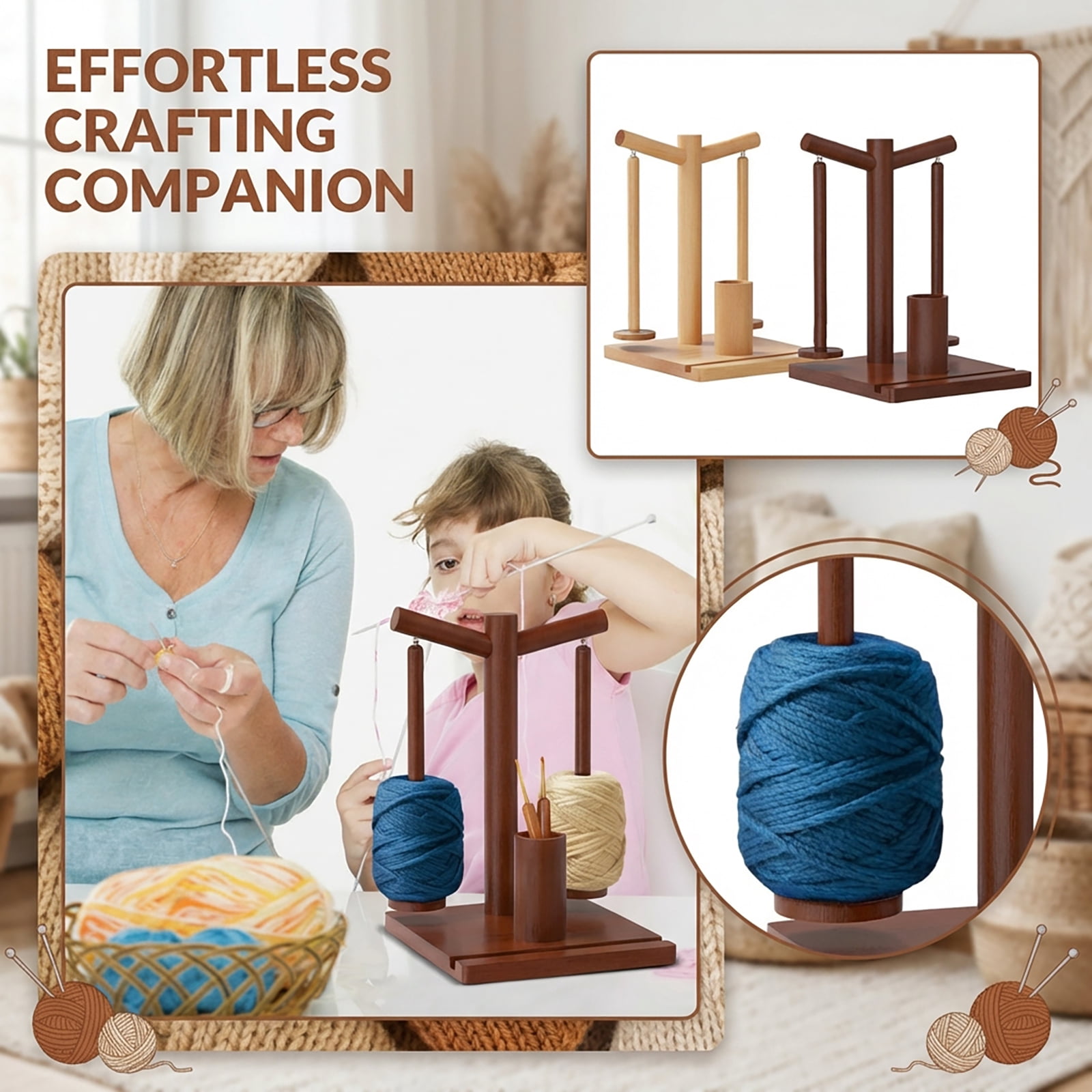 Yarn Holder for Crocheting, Wooden Rotating Yarn Spinner with 2 ...