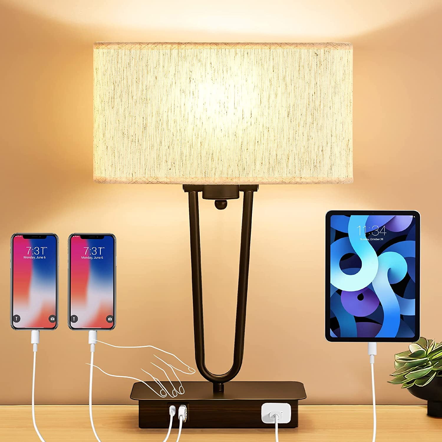 Yarra-Decor Bedside Touch Lamp with USB A+C Ports, AC Outlet, 3-Way ...