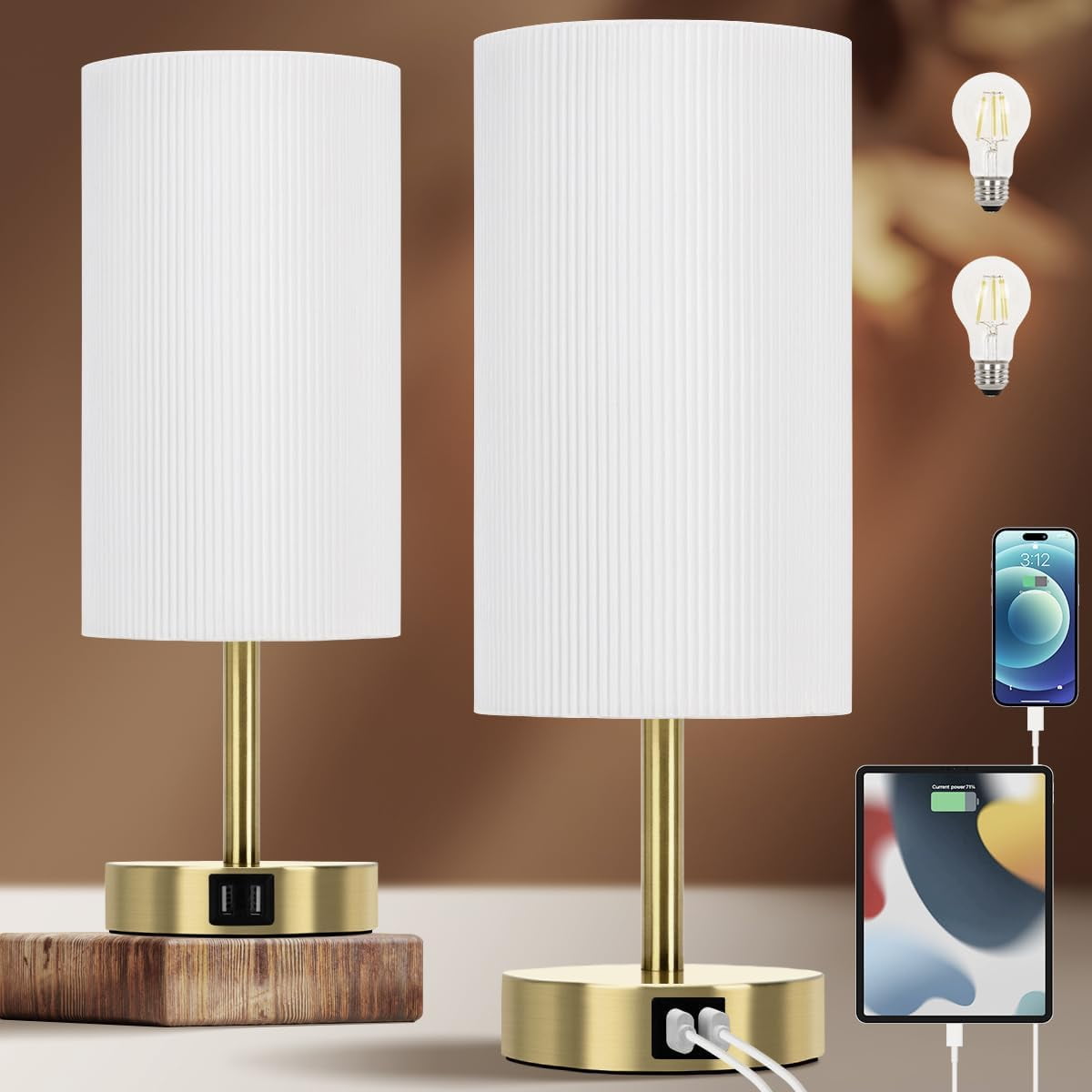 Yarra-Decor Bedside Lamp with USB A+C Charging Ports Set of Two - Touch ...