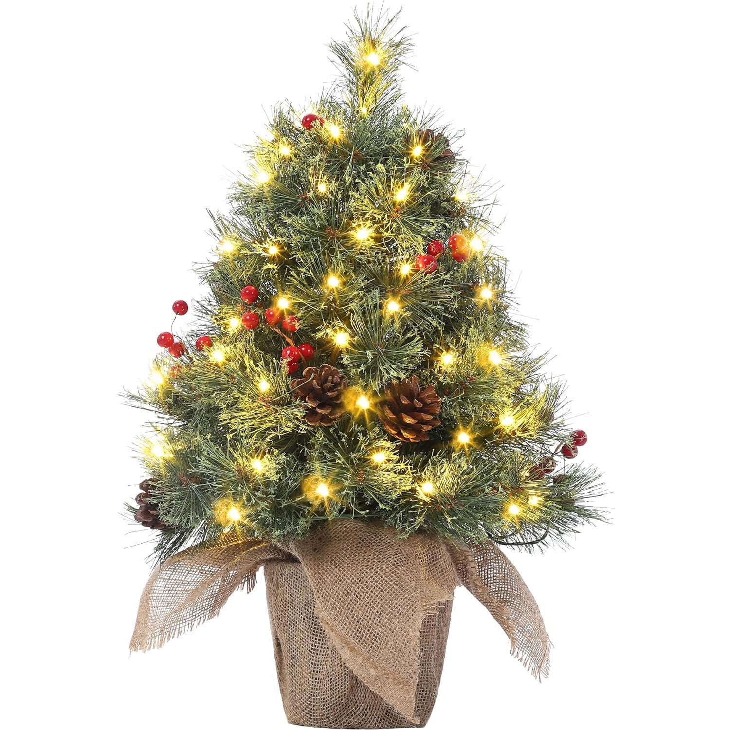 Yartaka 2ft Mini Pre-Lit Christmas Tree with 50 LED Lights, Burlap Base ...