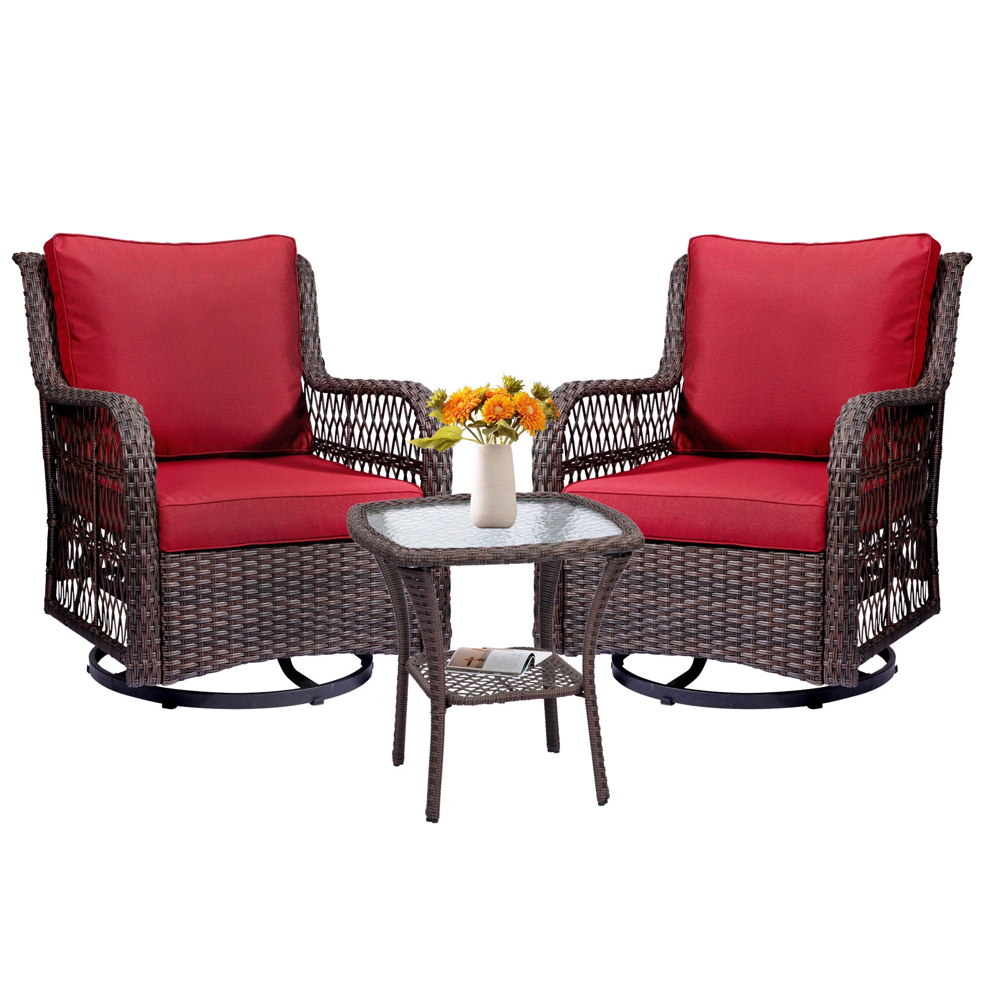 Yartaka 3 Pieces Outdoor Wicker Swivel Rocker Patio Set with Premium ...