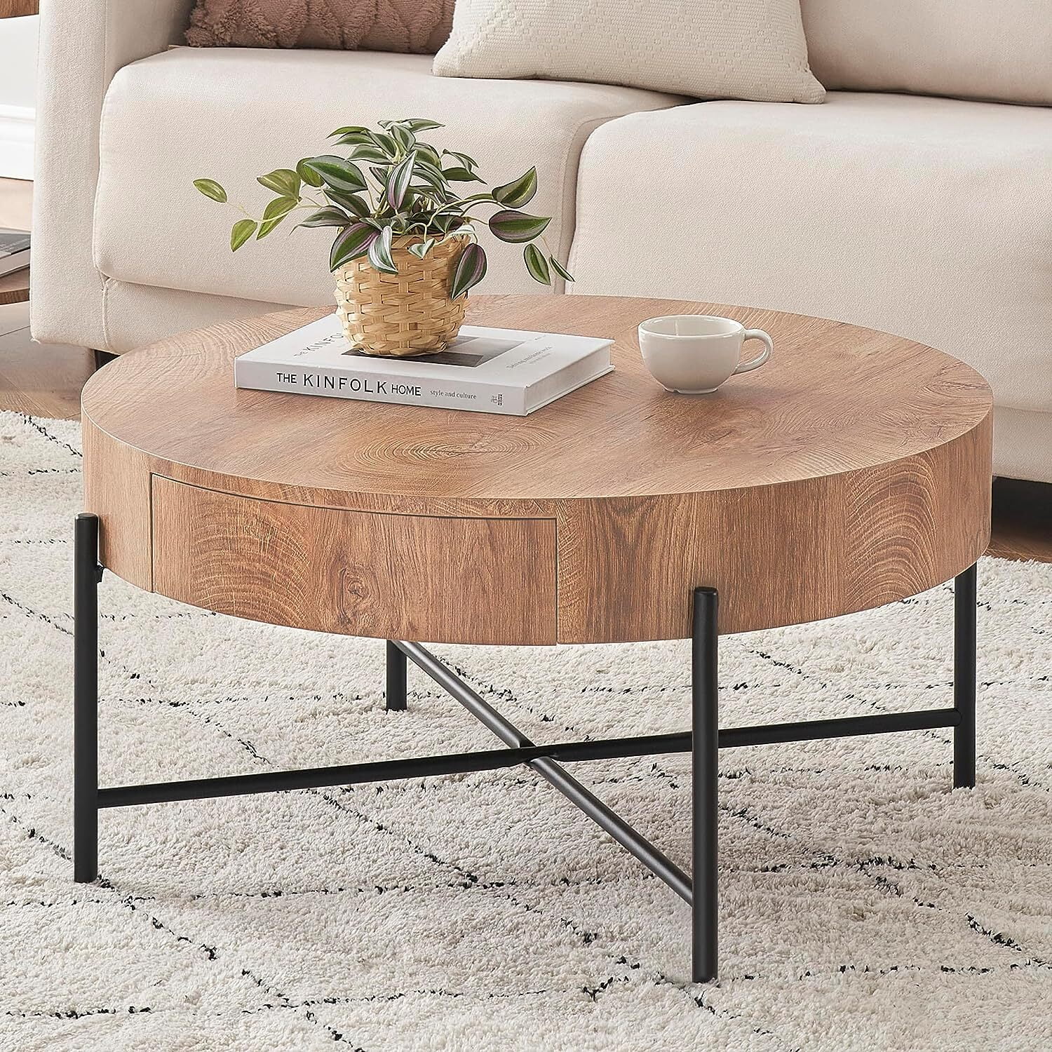 Yartaka Round Coffee Table Solid Wood Center Table with Two Drawers ...