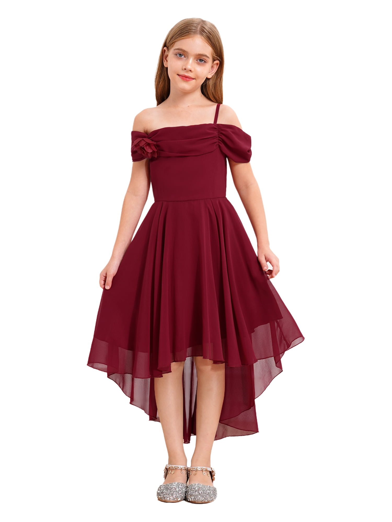 Yartina Girls 3D Applique Bridesmaid Dress Off Shoulder Irregular Hem ...