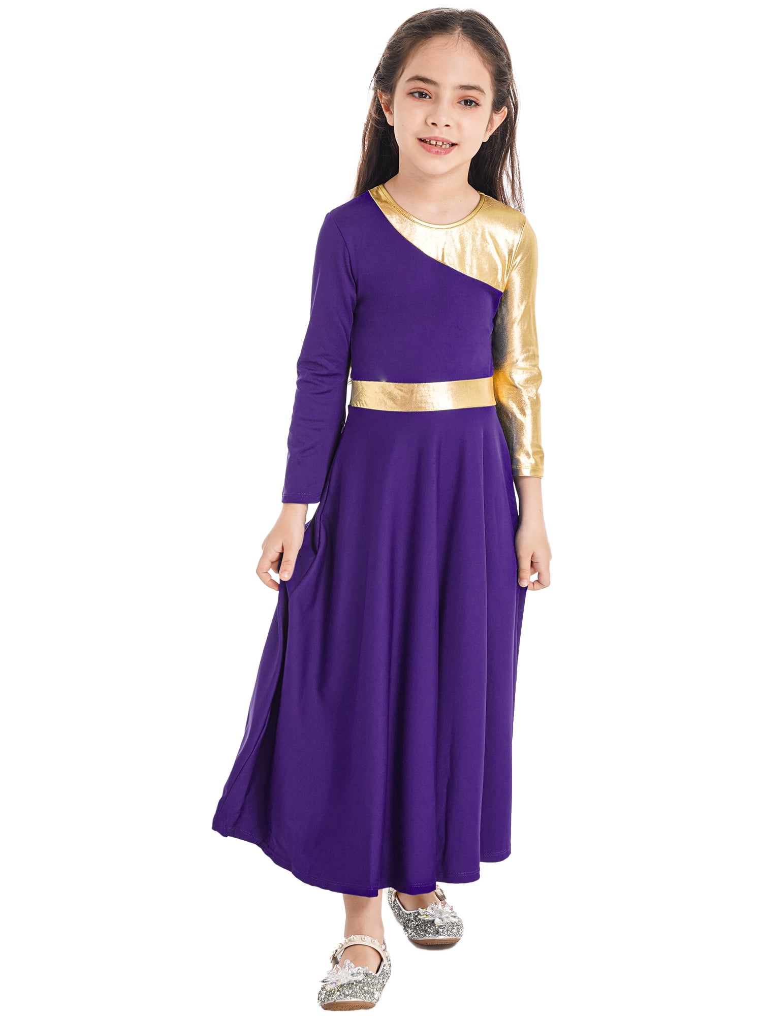 Yartina Girls Color Block Metallic Praise Dance Dress Long Sleeve ...