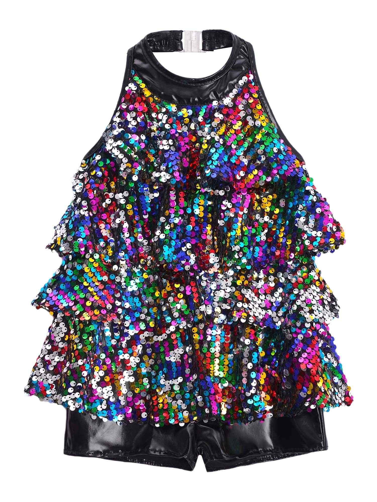 Yartina Girls Shiny Sequins Halter Neck Shorty Unitard Dress Jazz Hip ...