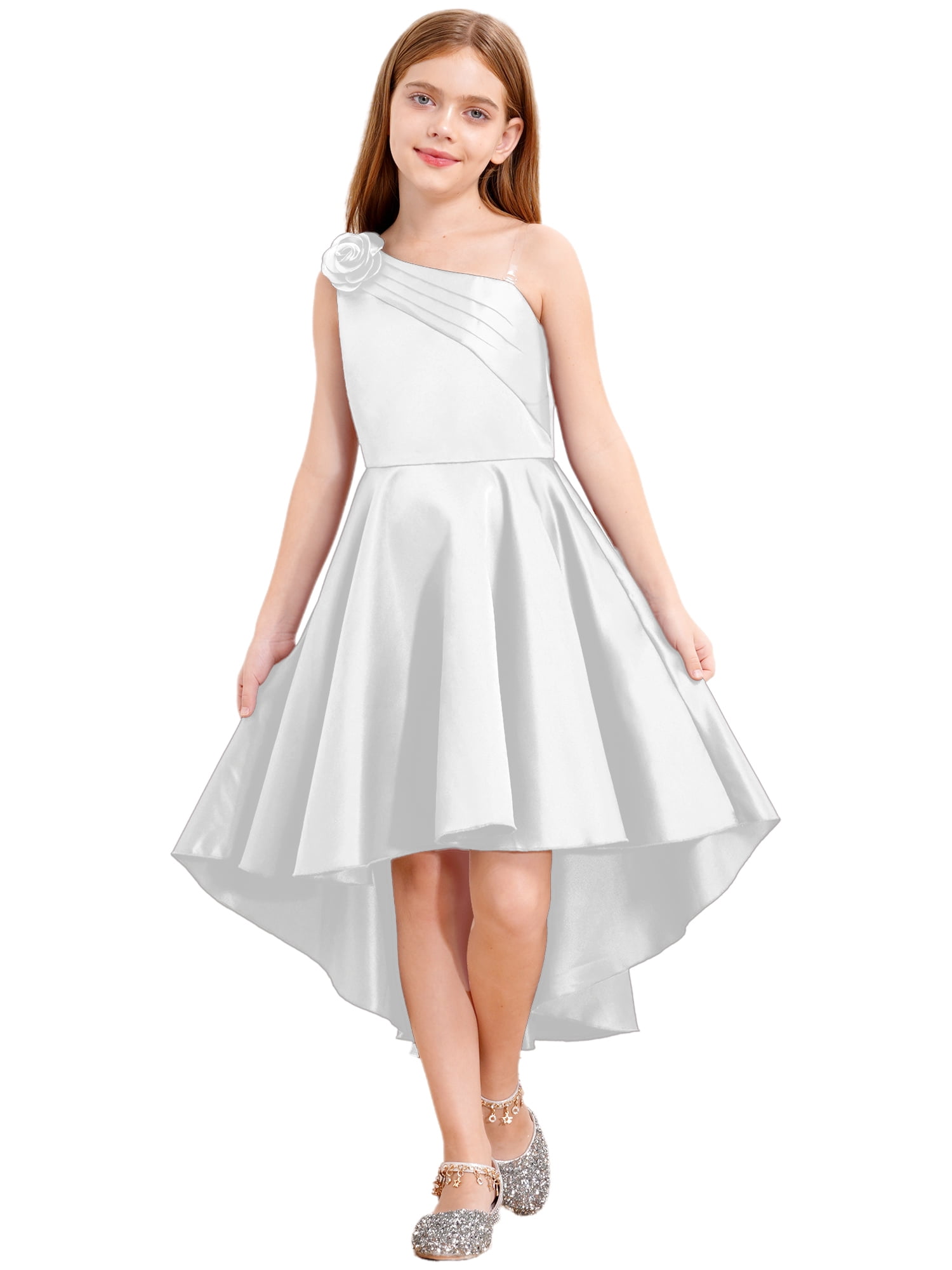 Yartina Kids Flower Girl One Shoulder Bridesmaid Dress High Low Hem ...