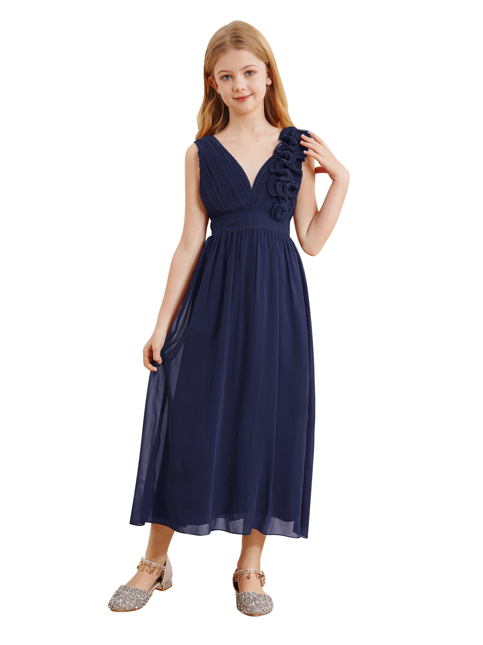 Yartina Kids Girls Chiffon Dress Ruched Junior Bridesmaid Dress A Line ...