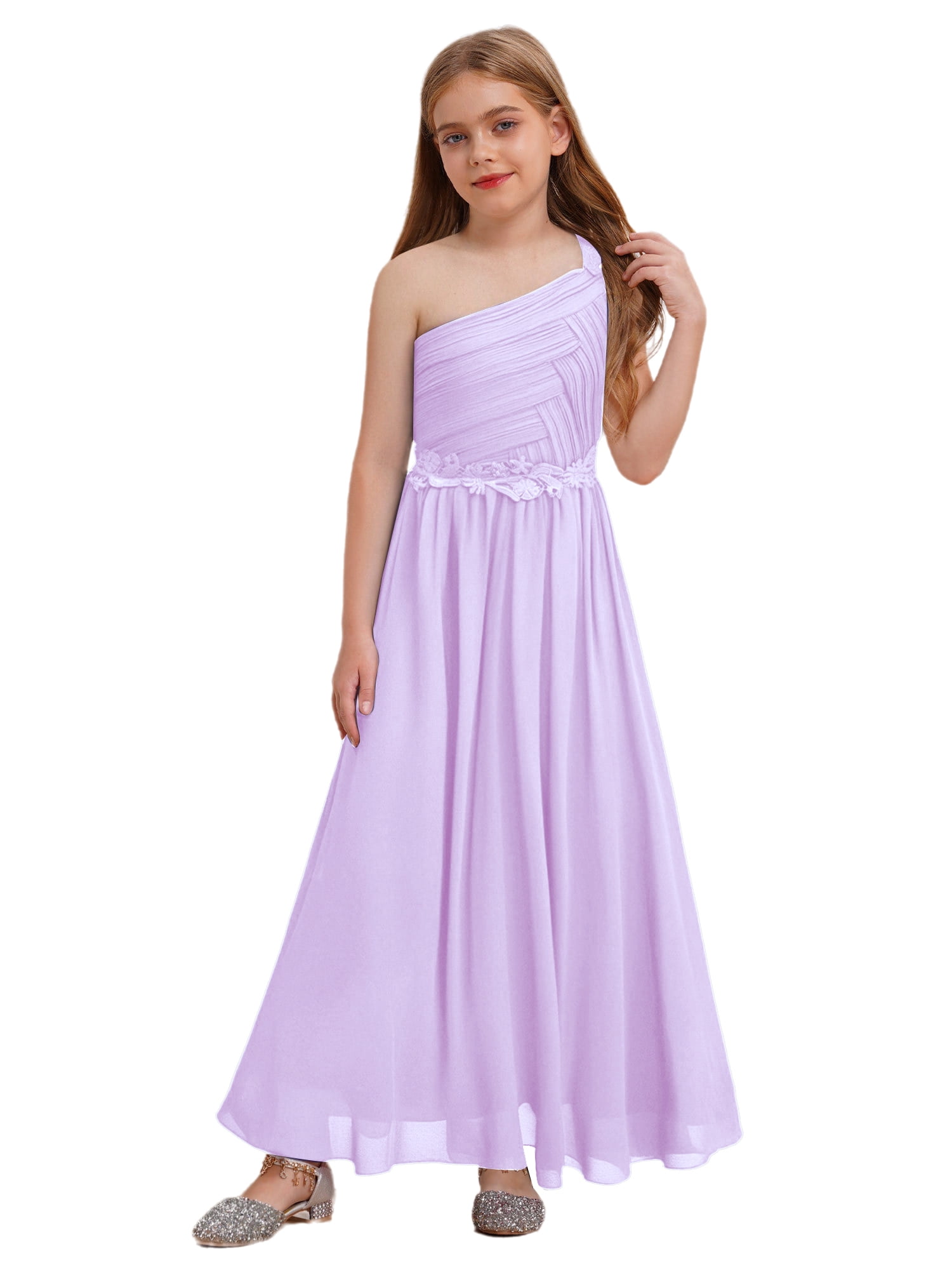 Yartina Kids One-Shoulder Flower Girl Dress Sleeveless Guipure Lace ...