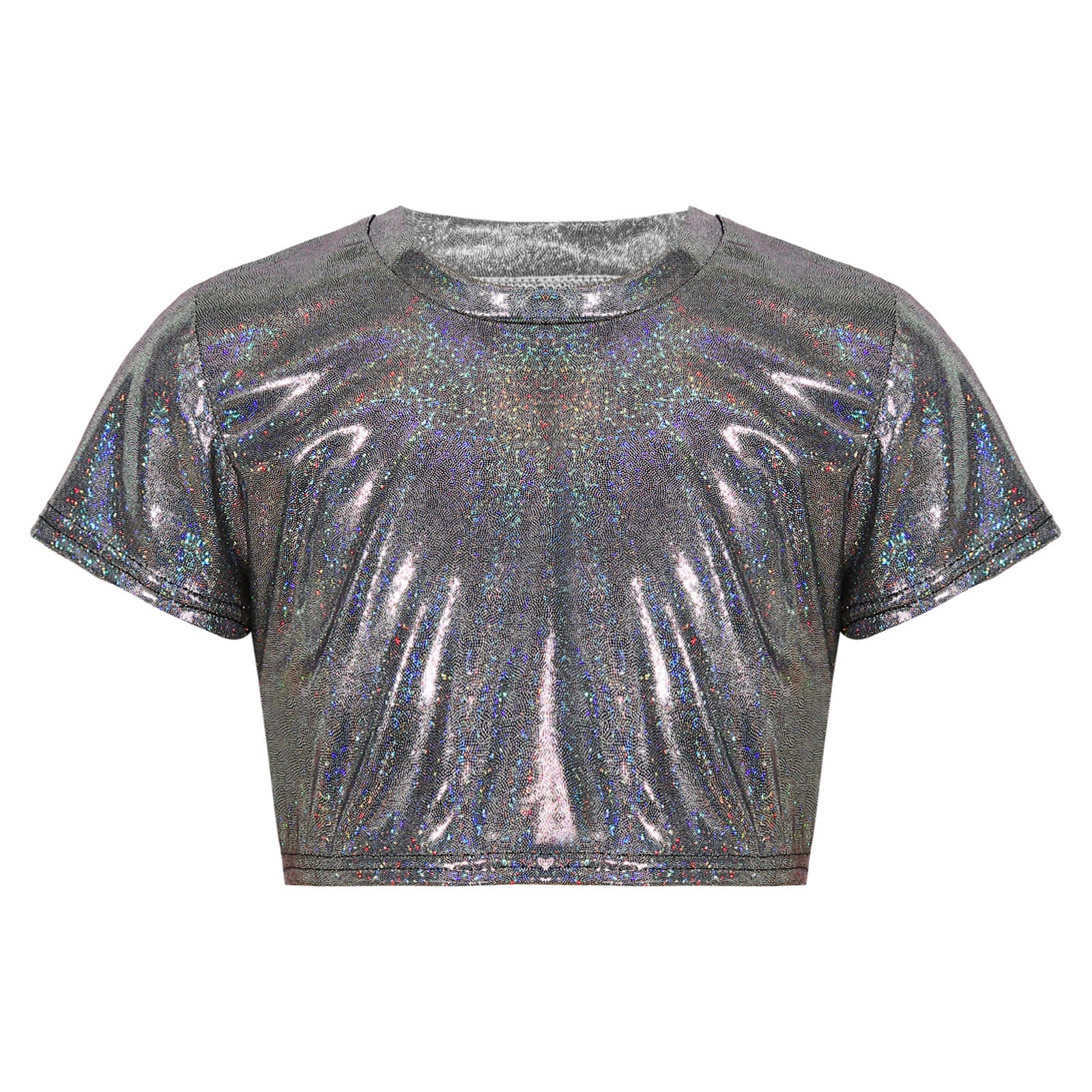 Yartina Kids Girls Shiny Metallic Crop Top Boys Short Sleeves Hip Hop ...