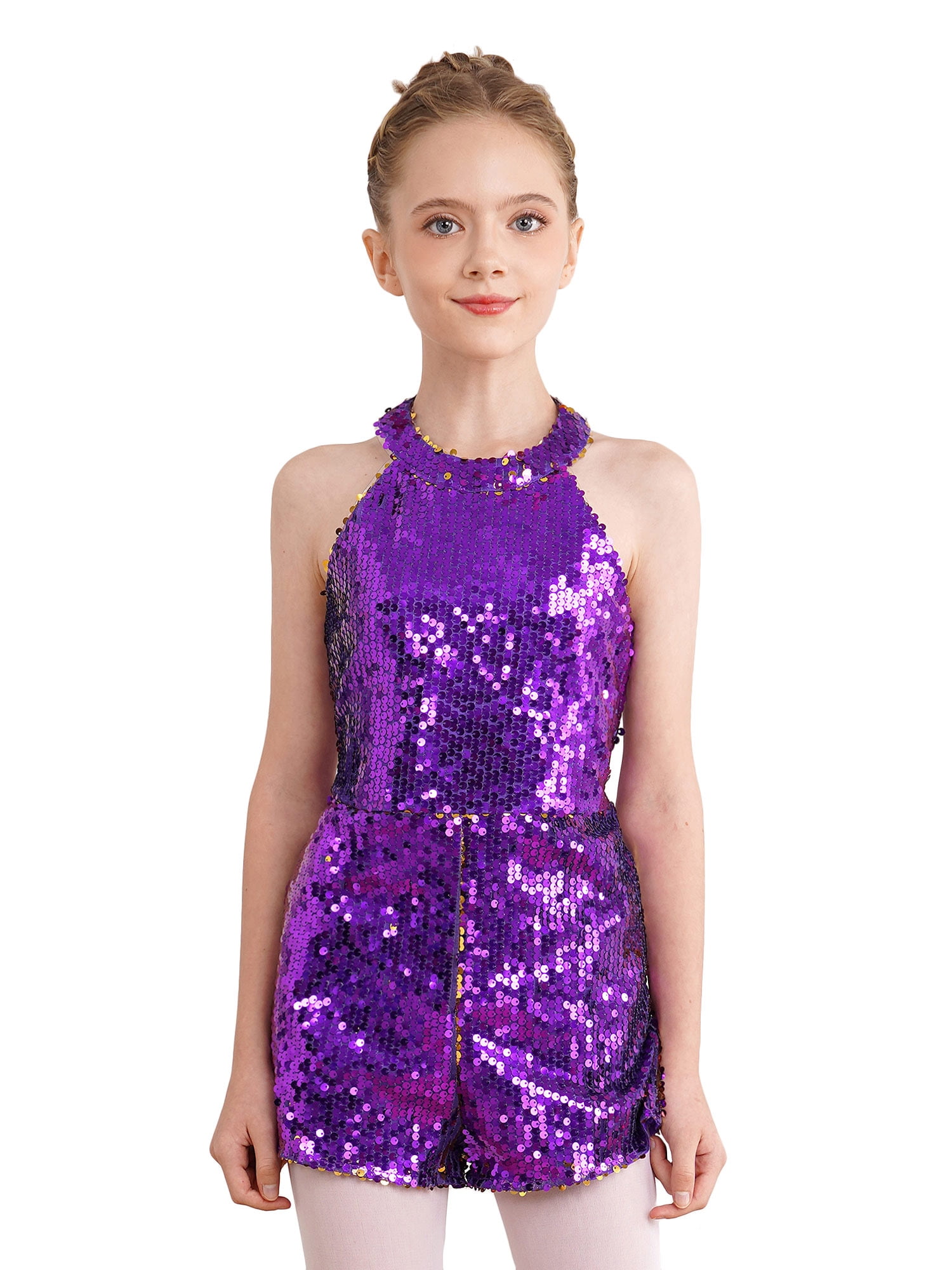 Yartina Little Kids Big Girls Sequins Halter Neck Romper Leotard ...