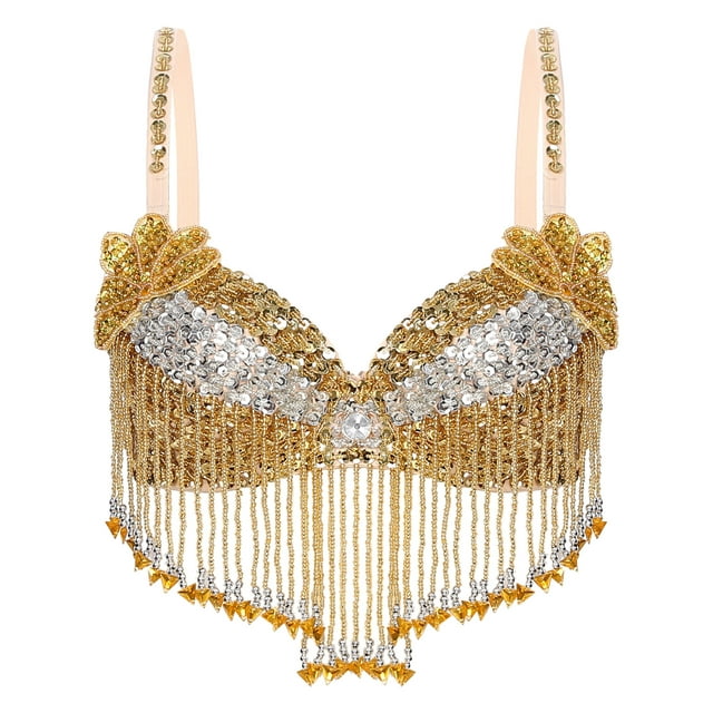 Yartina Women Beaded Fringe Halter Bra Top Shiny Tribal Tops Belly ...