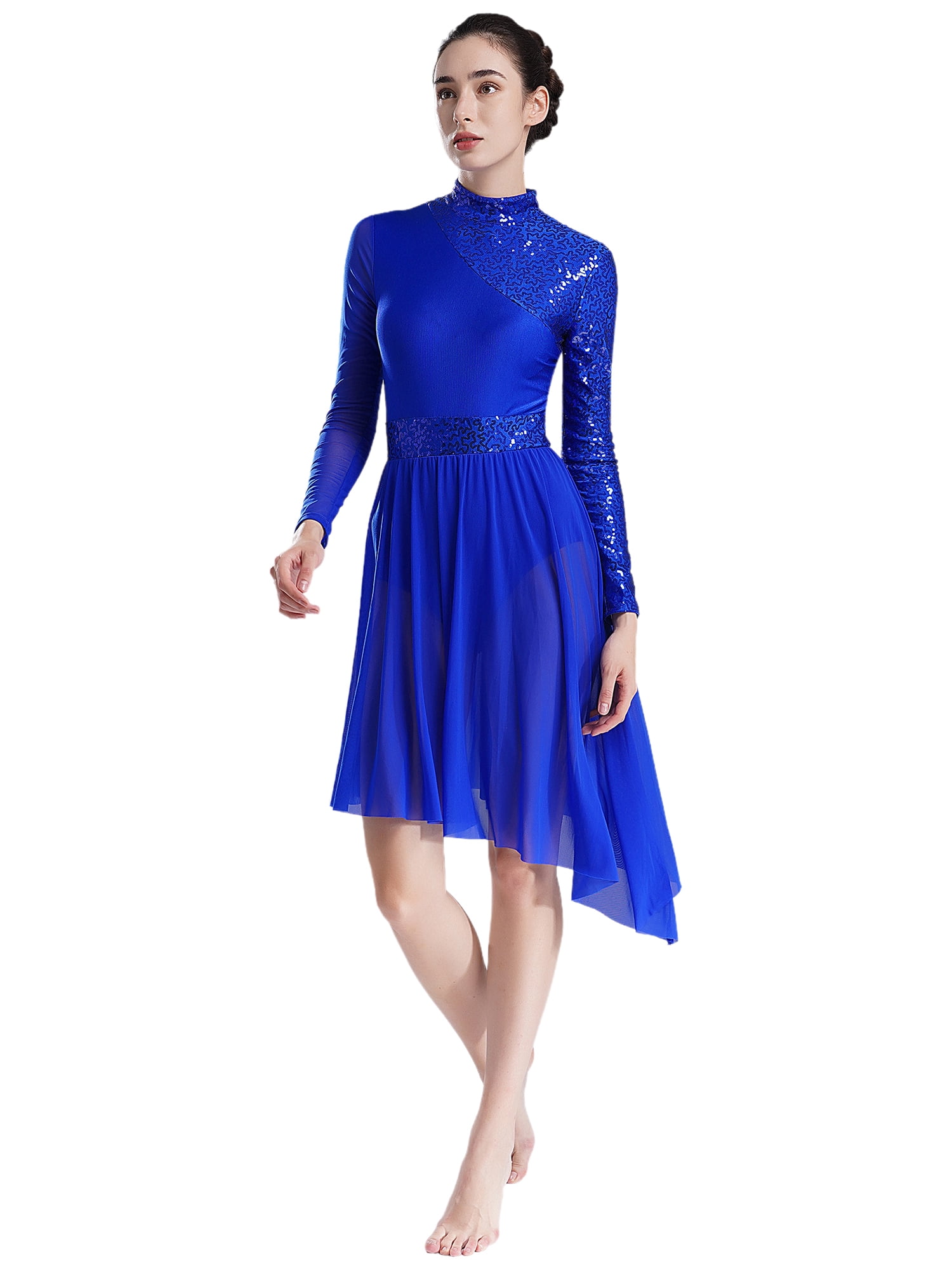 Yartina Women Long Sleeve Lyrical Dance Costume Sequin Tulle Leotard ...