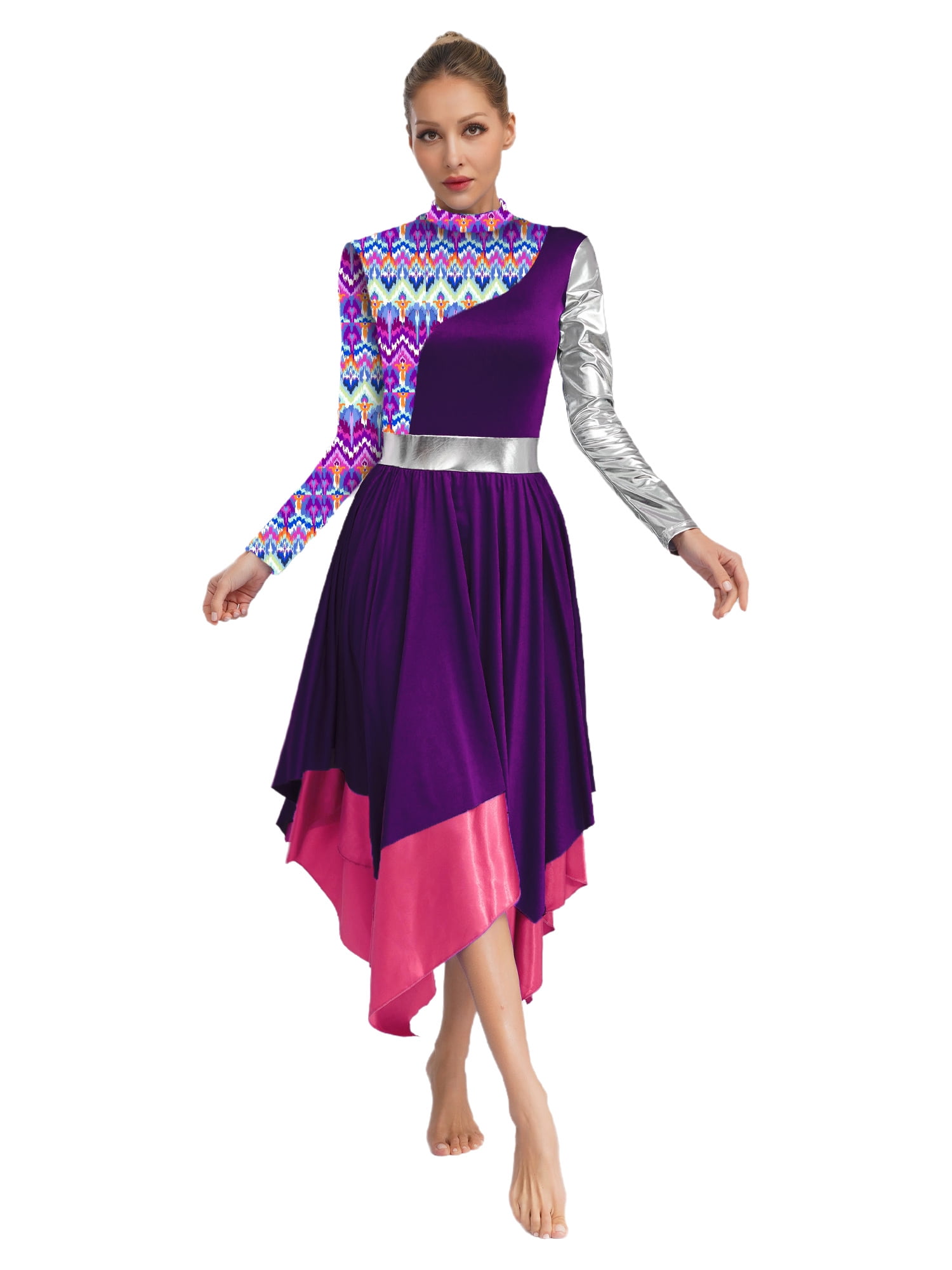 Yartina Women Lyrical Dance Dress Metallic Long Sleeve Colorful Retro ...