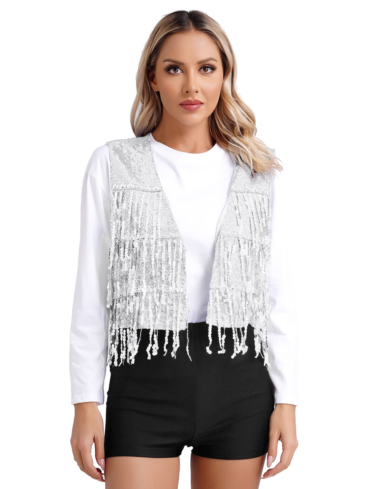 Yartina Women's Sequin Fringe Vests Glitter Open Front Waistcoat ...