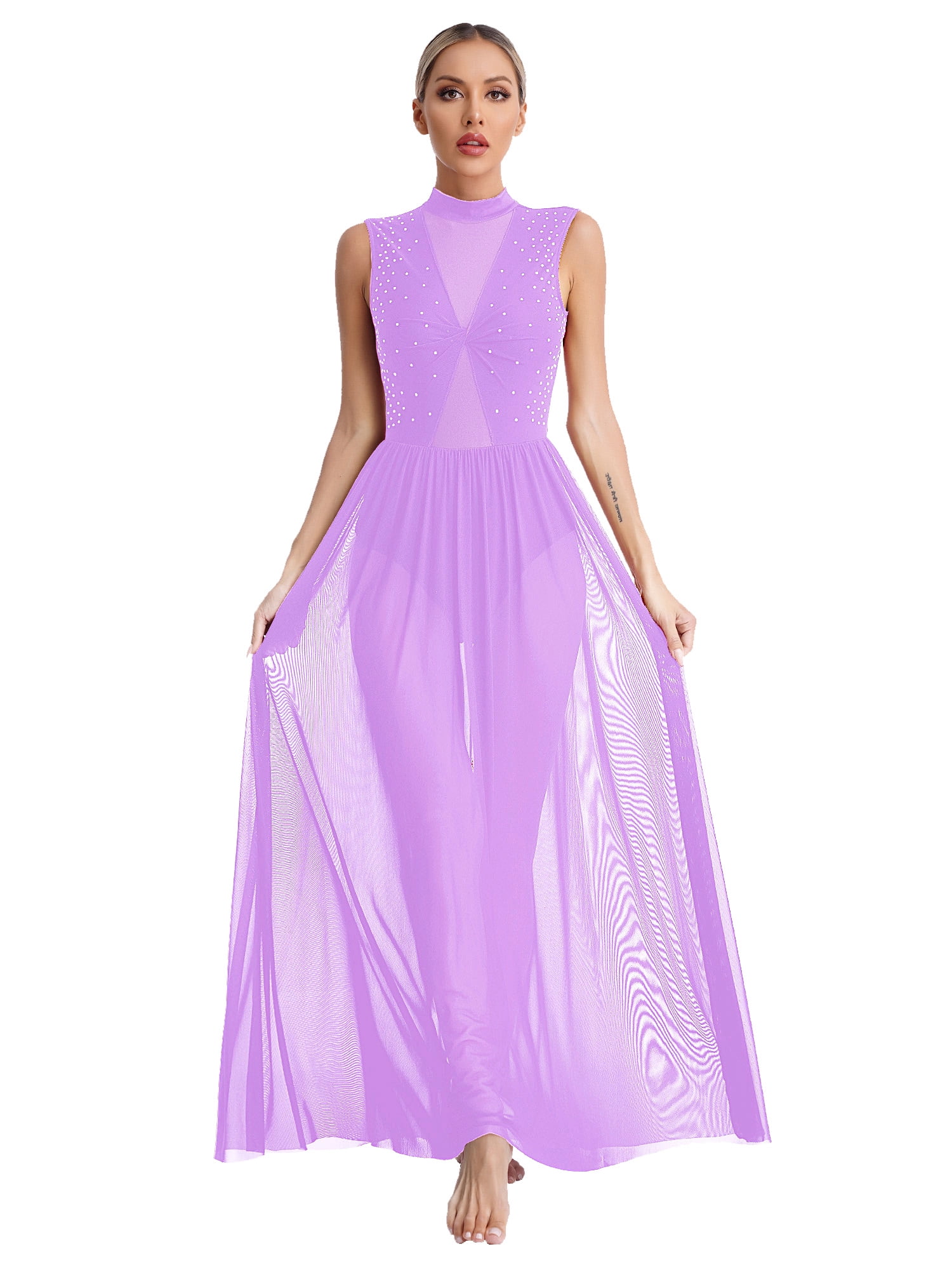 Yartina Womens Mock Neck Full-length Lyrical Dance Costume Sleeveless ...
