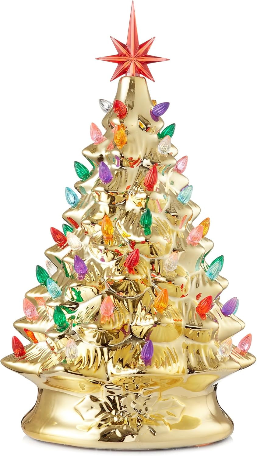 Yasong Hand Painted Ceramic Christmas Tree, Gold 15-Inch Pre-Lit Tree ...