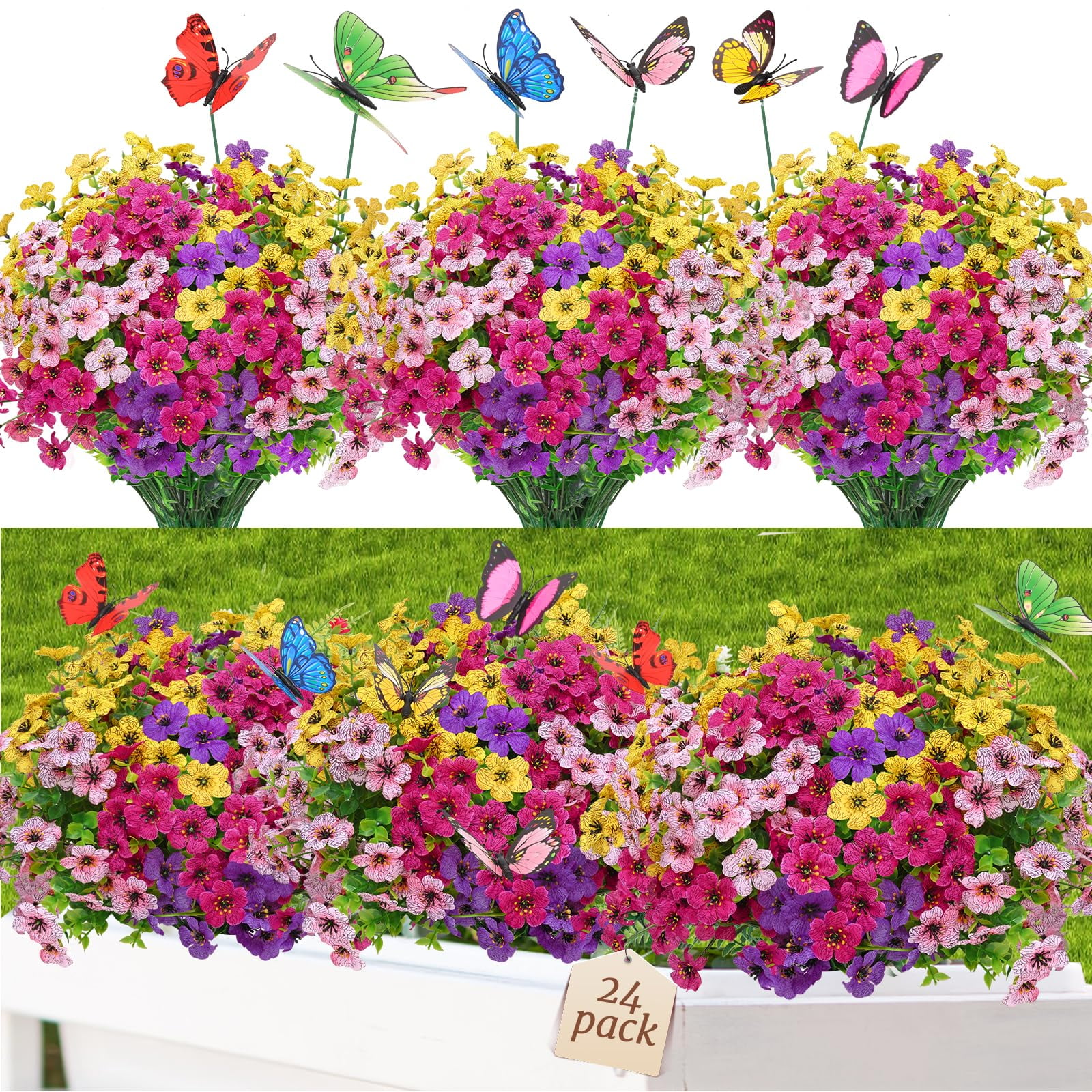 Yastouay 24 Bundles Artificial Flowers for Outdoors, UV Resistant Fake Outdoor Flowers No Fade ...