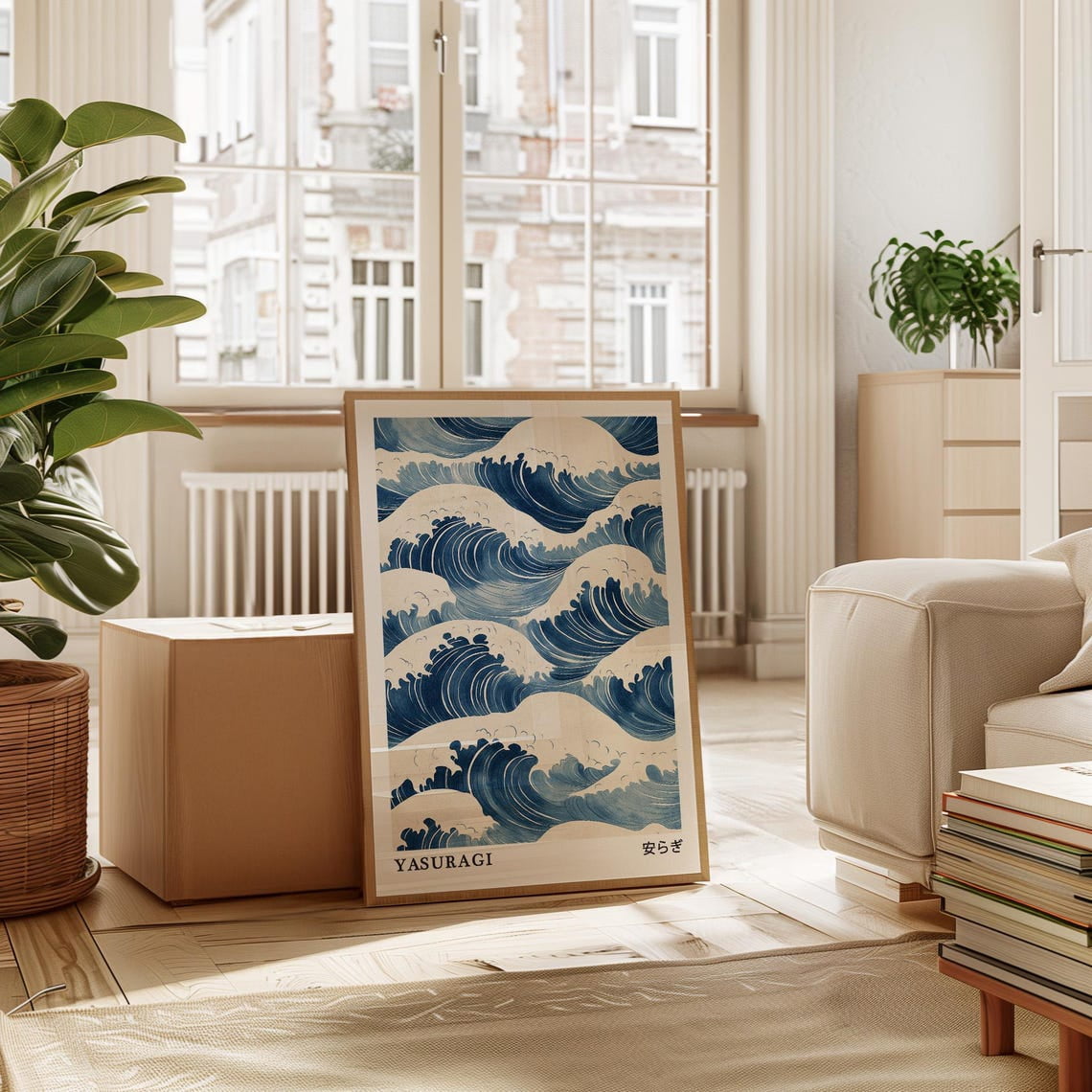 Yasuragi Japanese Wave Art – Tranquil Blue Ocean Wall Decor With Kanji ...