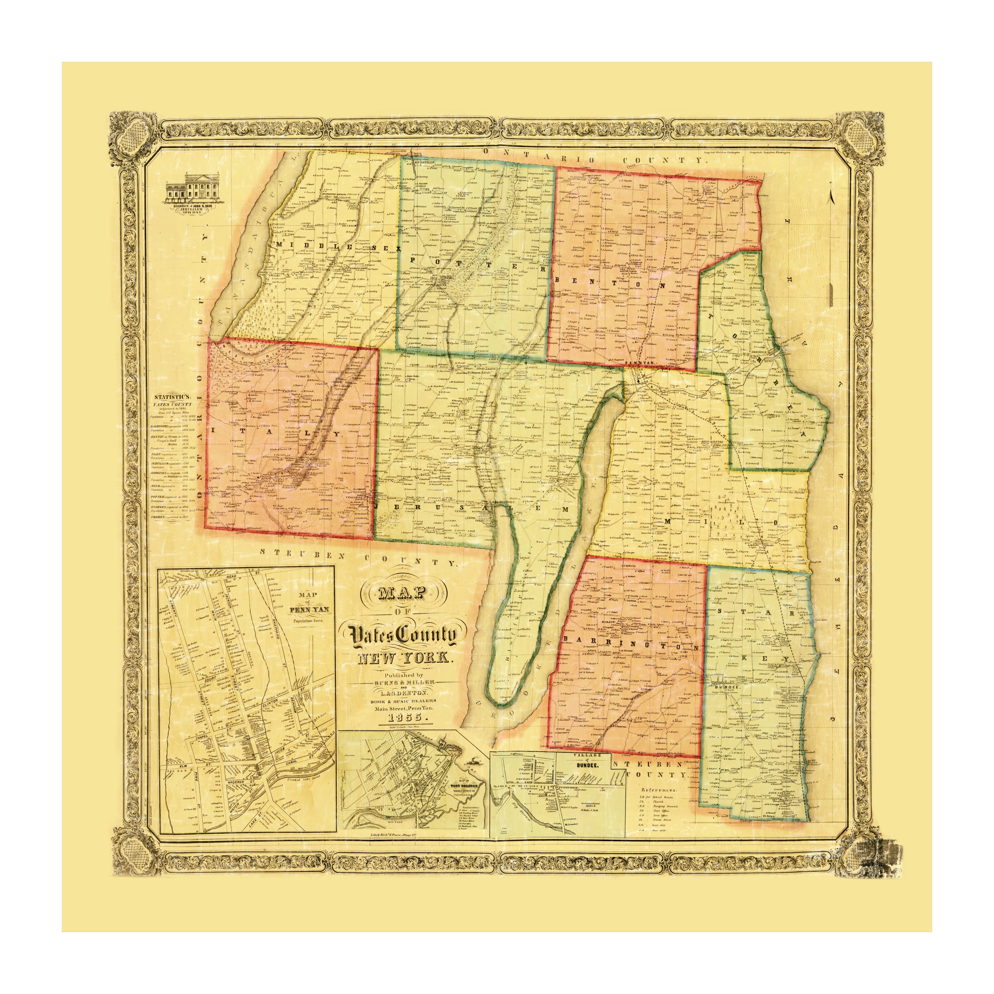 Yates County New York Art, 1855 Vintage Map of Yates County NY History ...