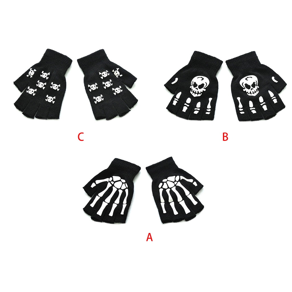Yauxim Gloves Unisex Adult Halloween Skeleton Skull Half Finger Gloves ...