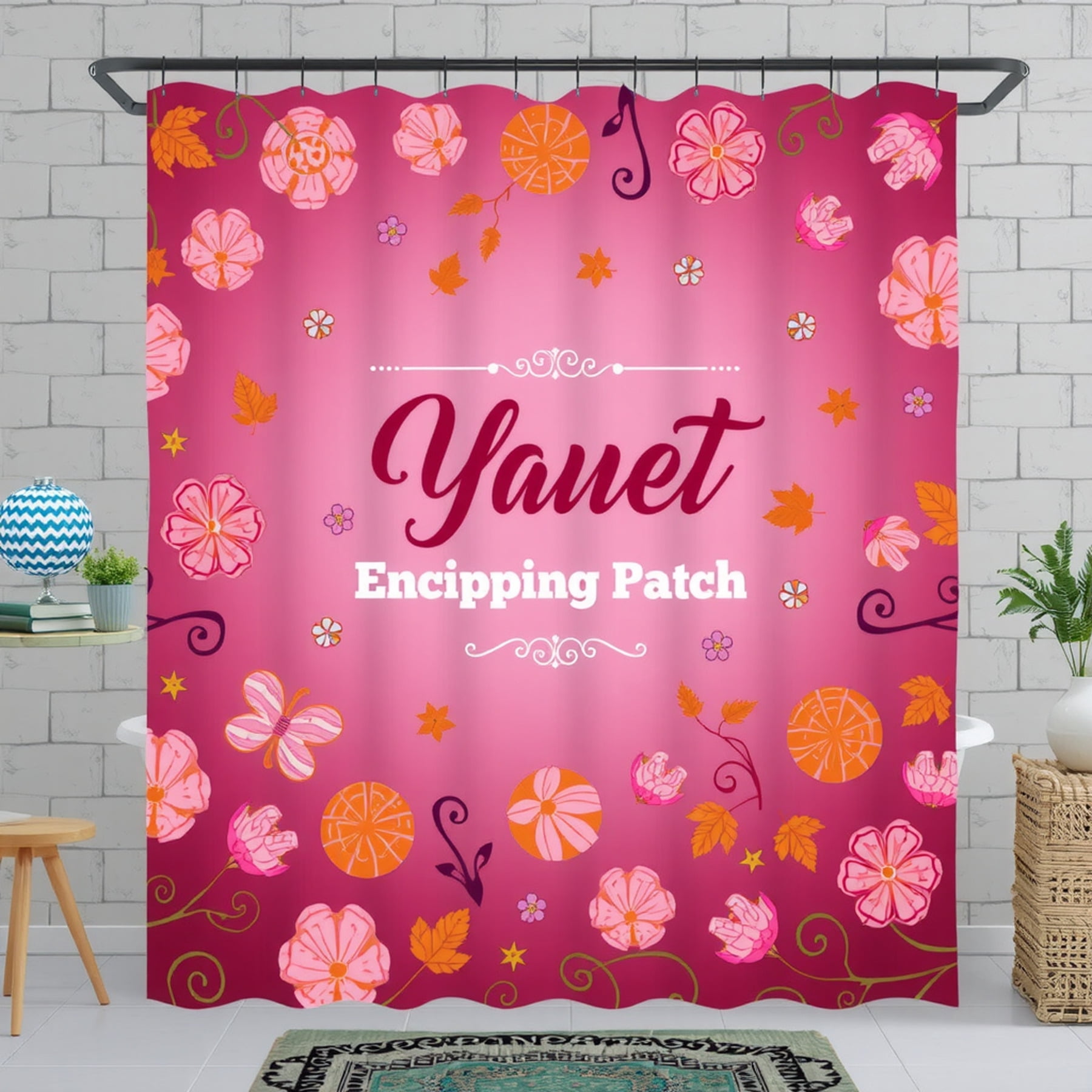 Yavet Floral Pink Shower Curtain with Butterfly & Encipping Patch ...