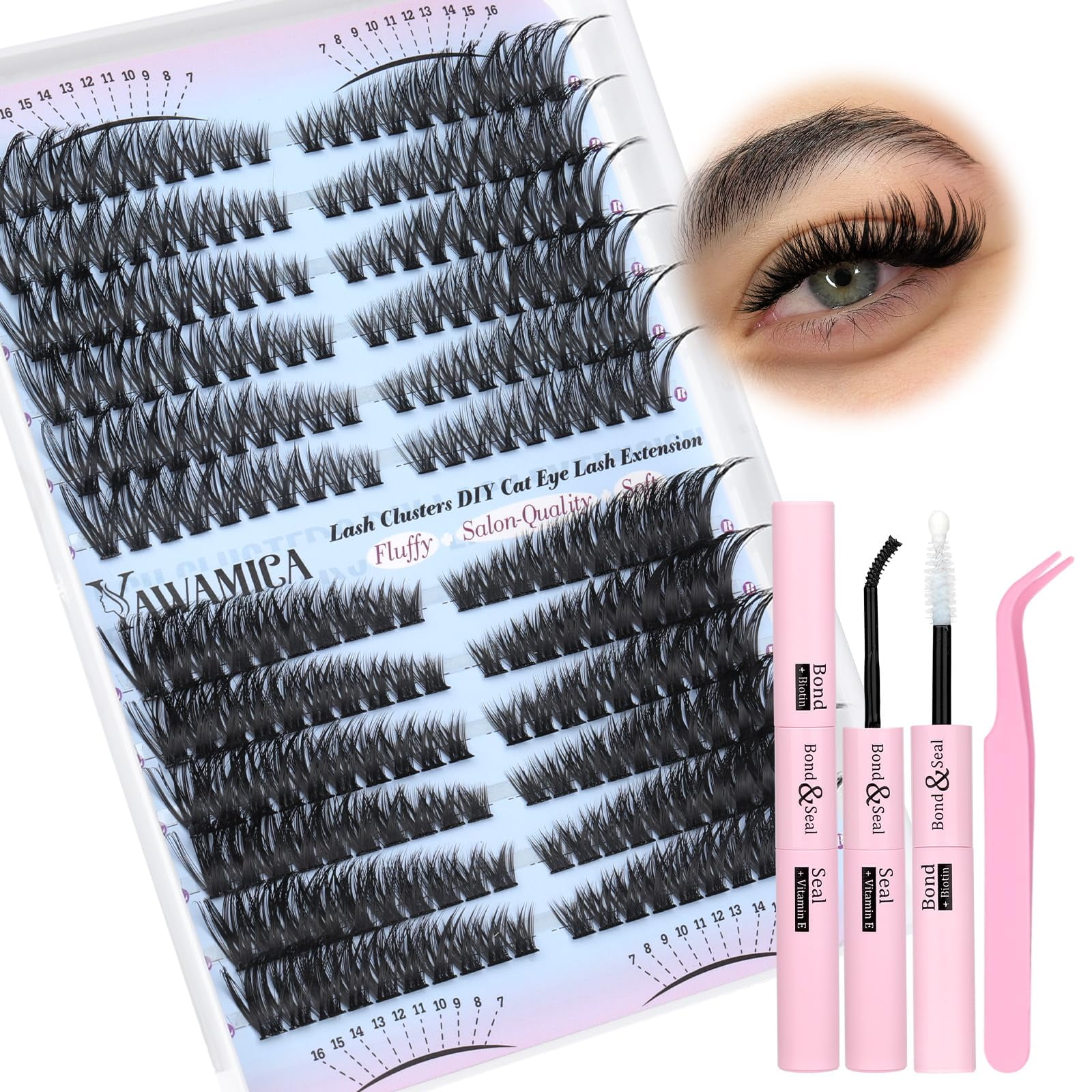 Yawamica Lash Extension Kit SSF20 50D 80D Cat Clusters Kit 7-16mm Wispy ...