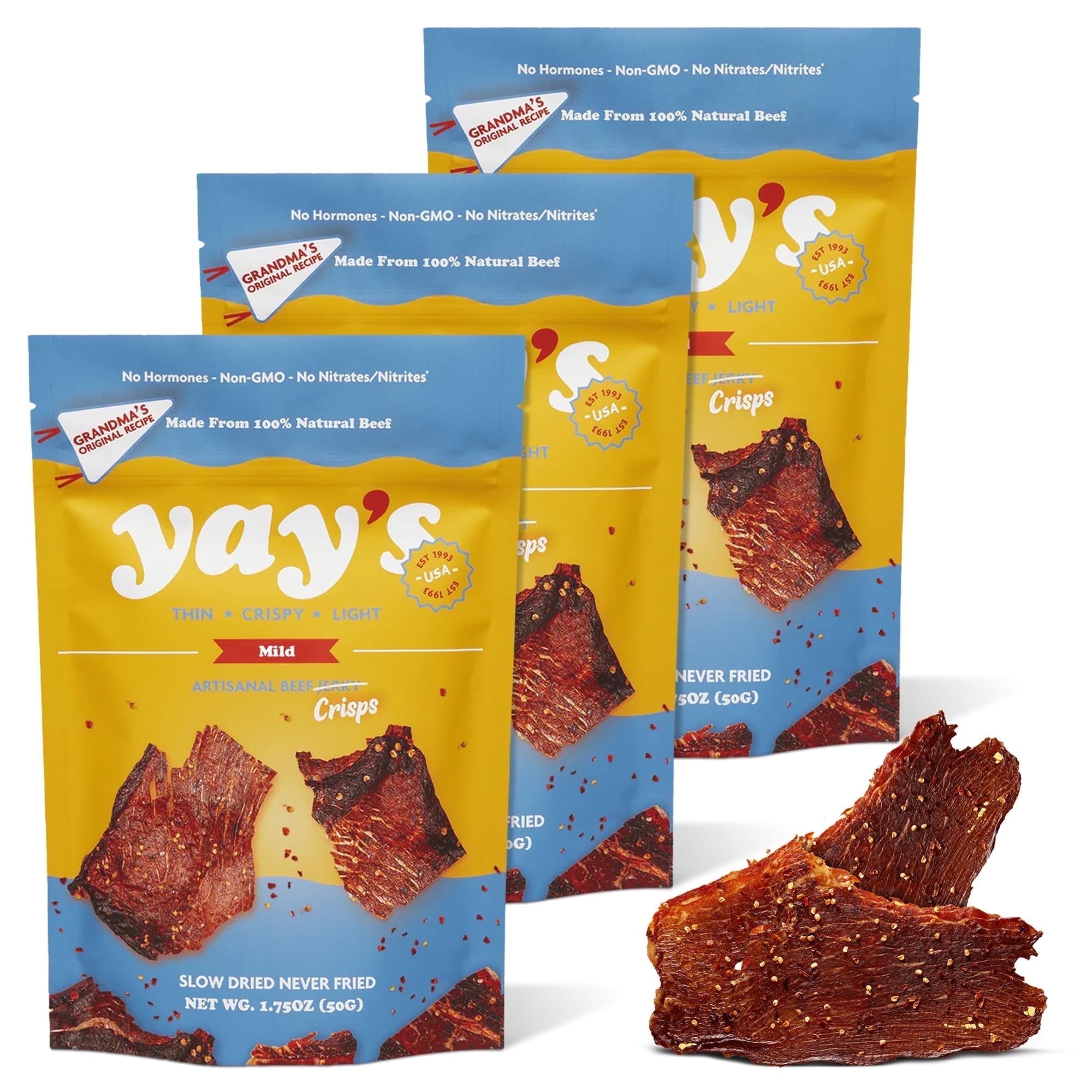 Yay's Sweet and Spicy Beef Jerky Crisps, 100% Dried Beef Jerky Snack ...