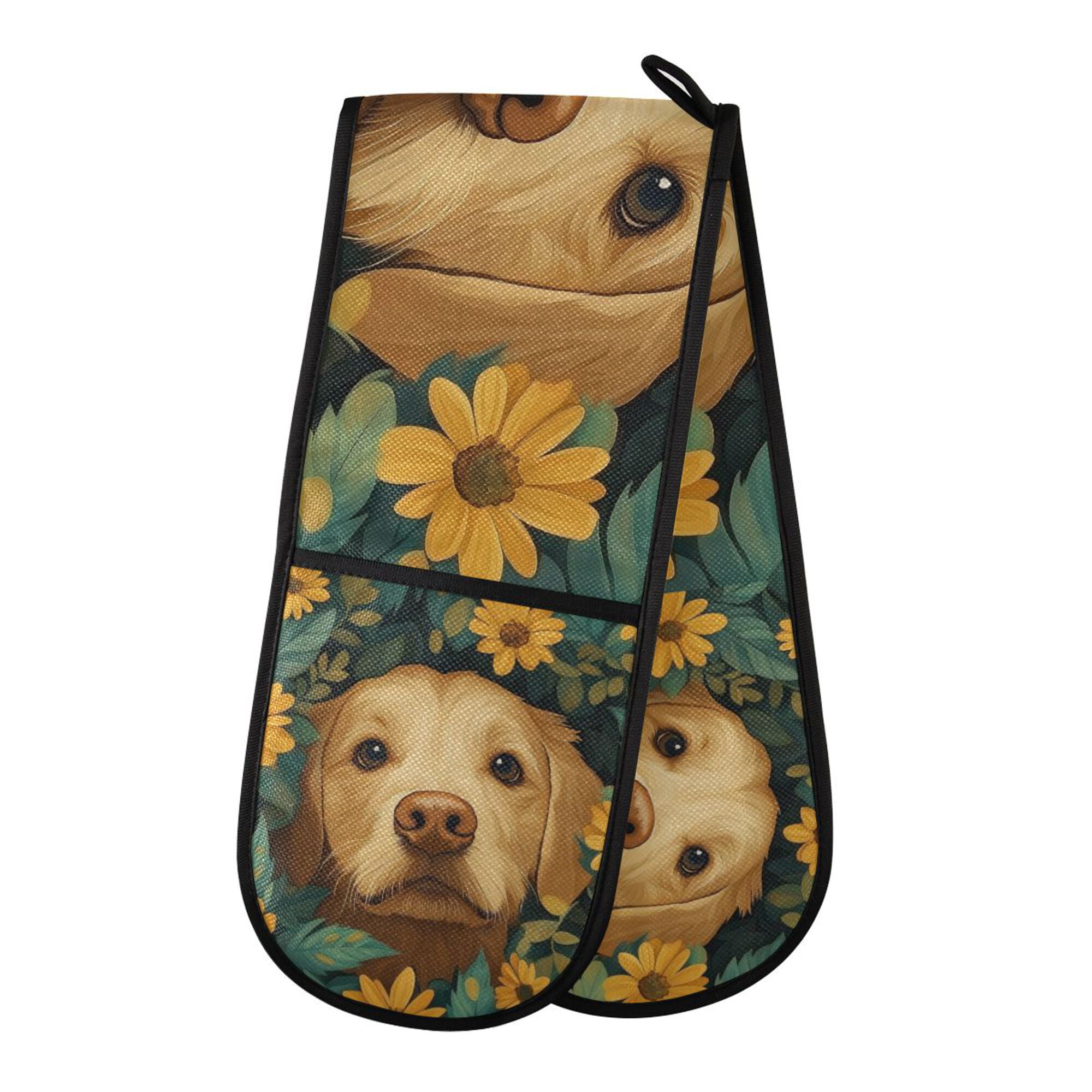 Yayeee Double Oven Mitt Kitchen Heat Resistant Baking 35" x7" Quilted Glove, Flowers and Dog ...