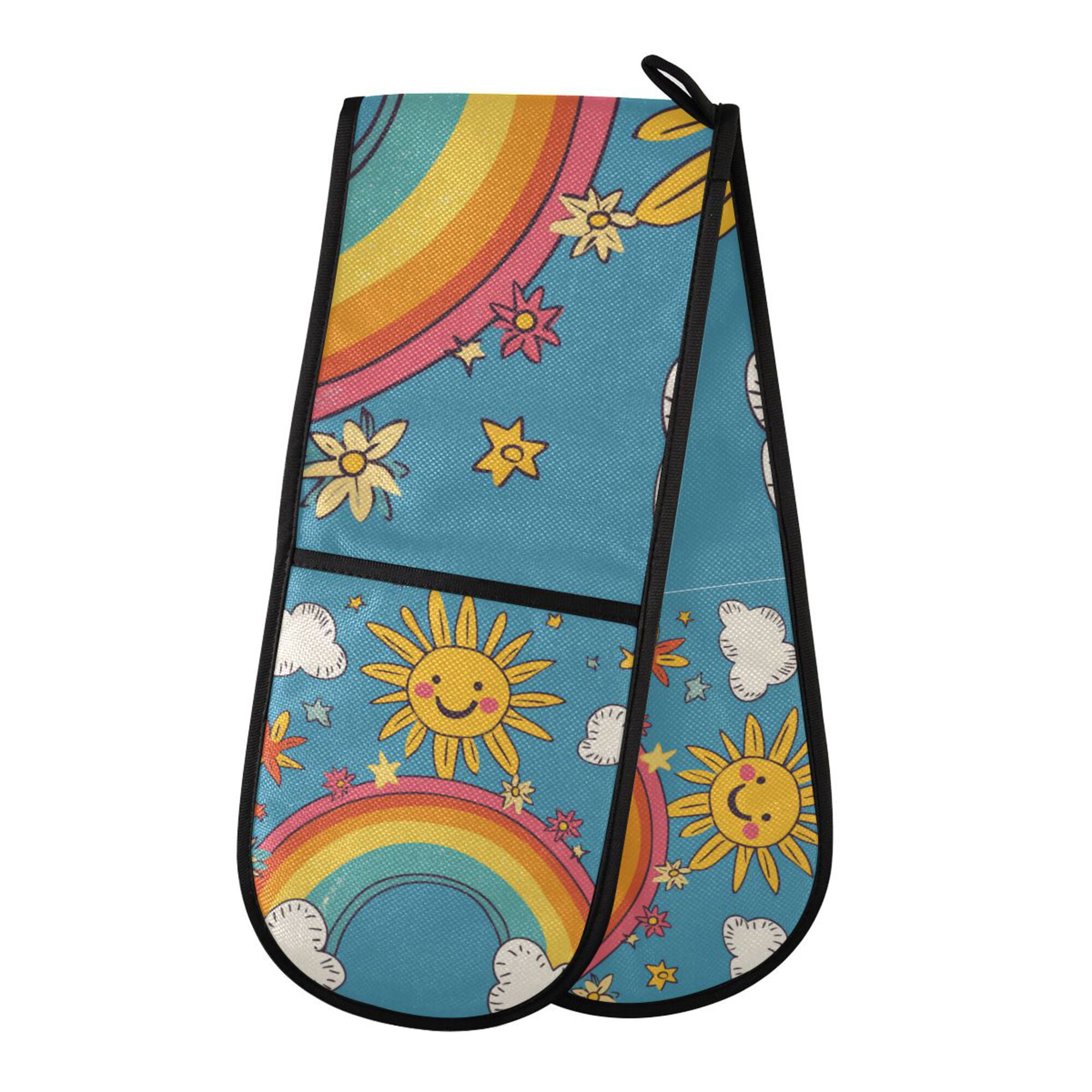 Yayeee Double Oven Mitt Kitchen Heat Resistant 35" x7" Quilted One Piece, Rainbow with Stars ...