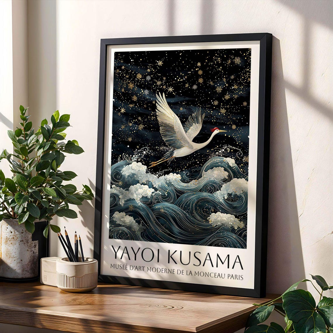 Yayoi Kusama Inspired Japanese Crane Print Poster Blue and Gold Poster ...