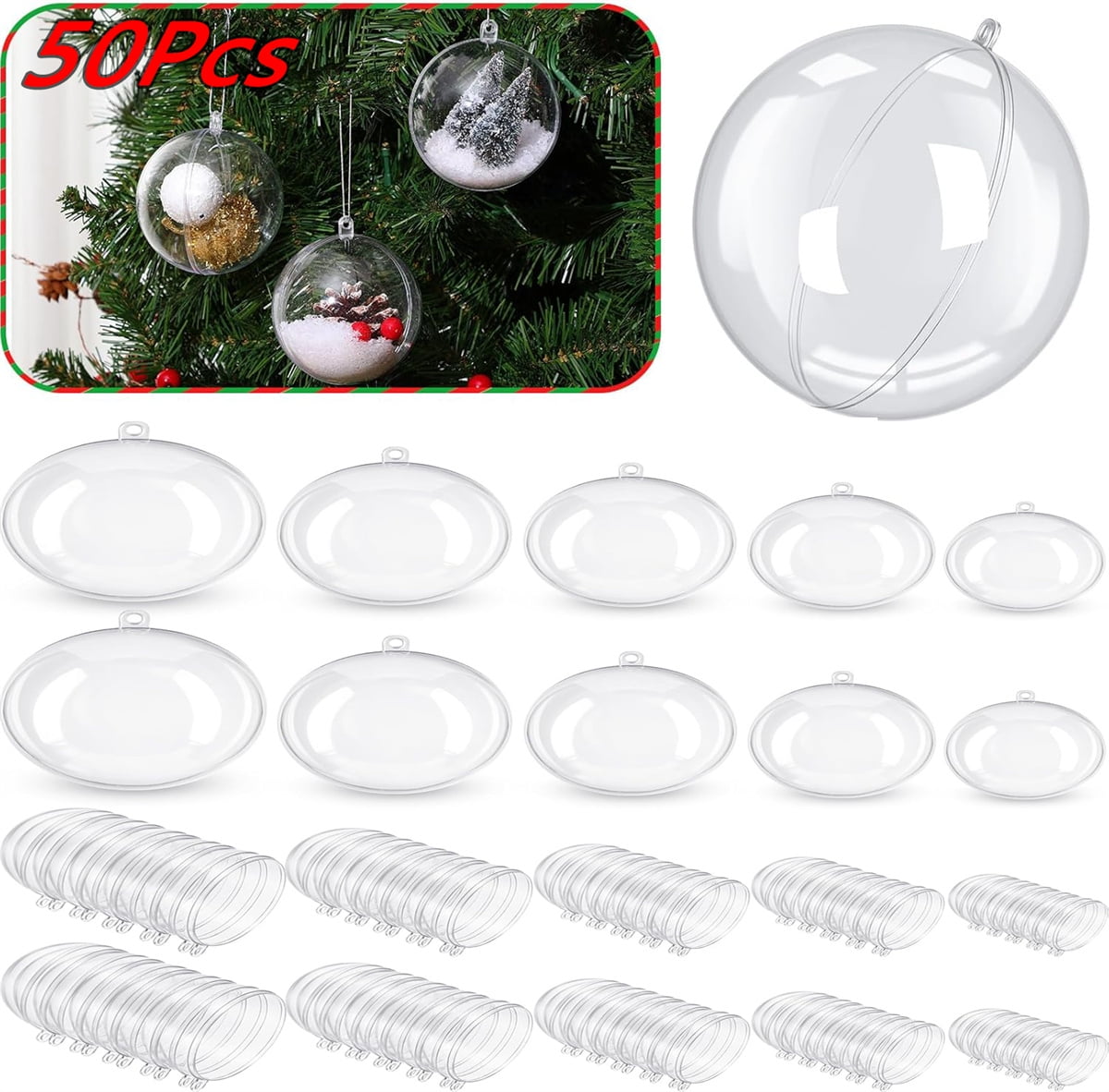 Yayun 50 Pack 5 Size Transparent Craft Plastic Fillable Ornament Hollow Sphere, Acrylic Clear ...