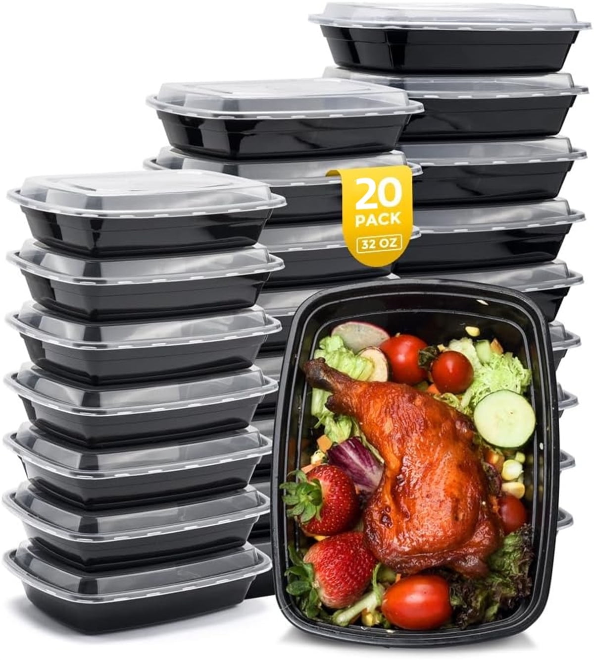 Yayun Meal Prep Containers Reusable, 20 Pack 32oz Plastic Food Prep Storage Containers with Lids ...