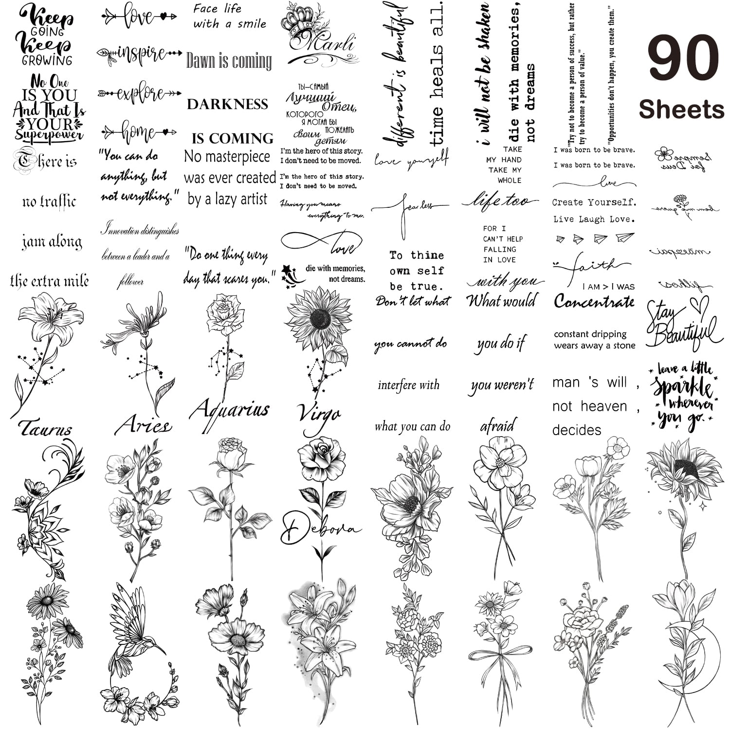 Yazhiji 90 Sheets Temporary Tattoos, Inspirational Words, Wild Flower ...