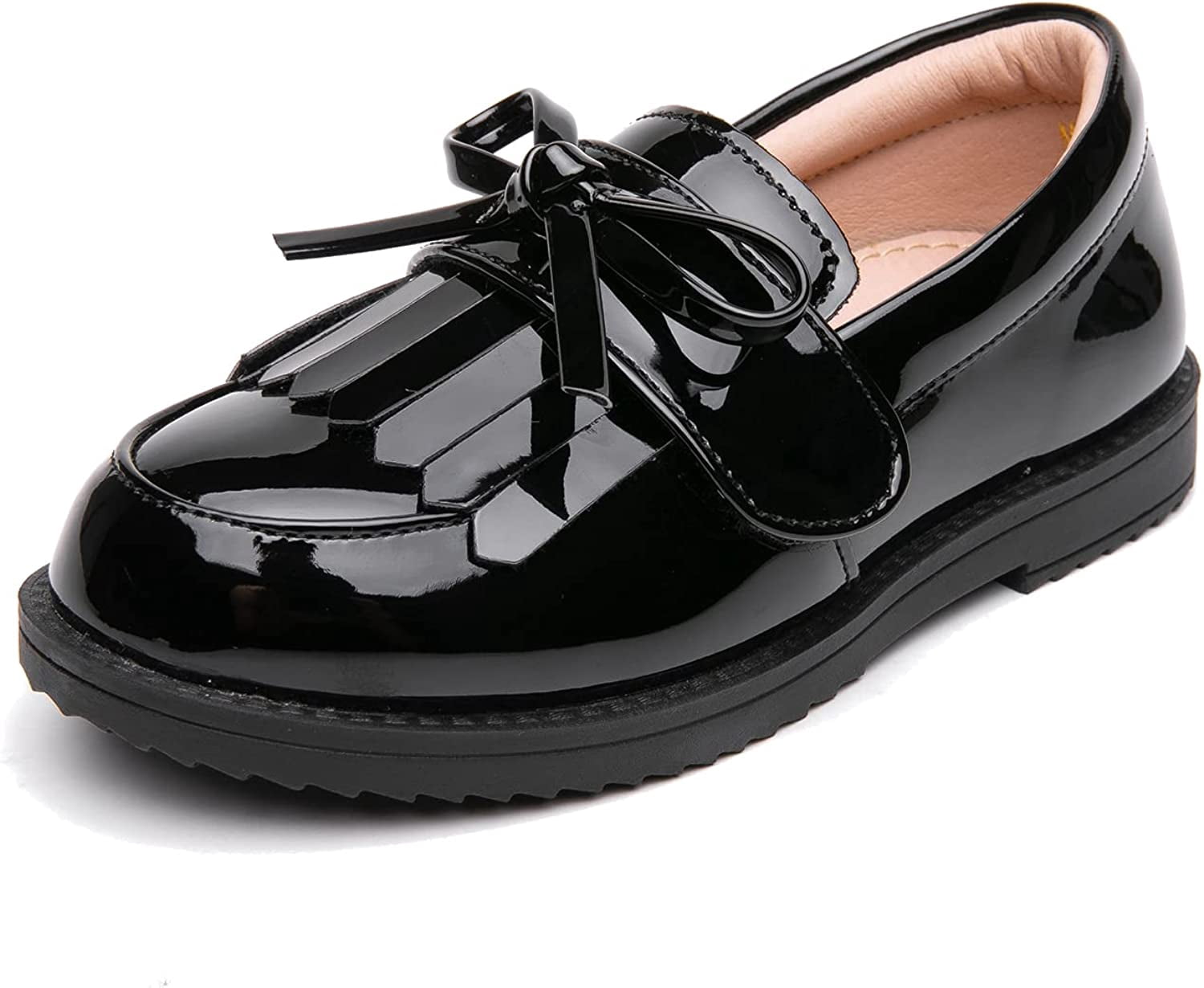 Yazi Girl’s Patent Leather Loafer Tassel Bow Flats with Hook-and-Loop ...