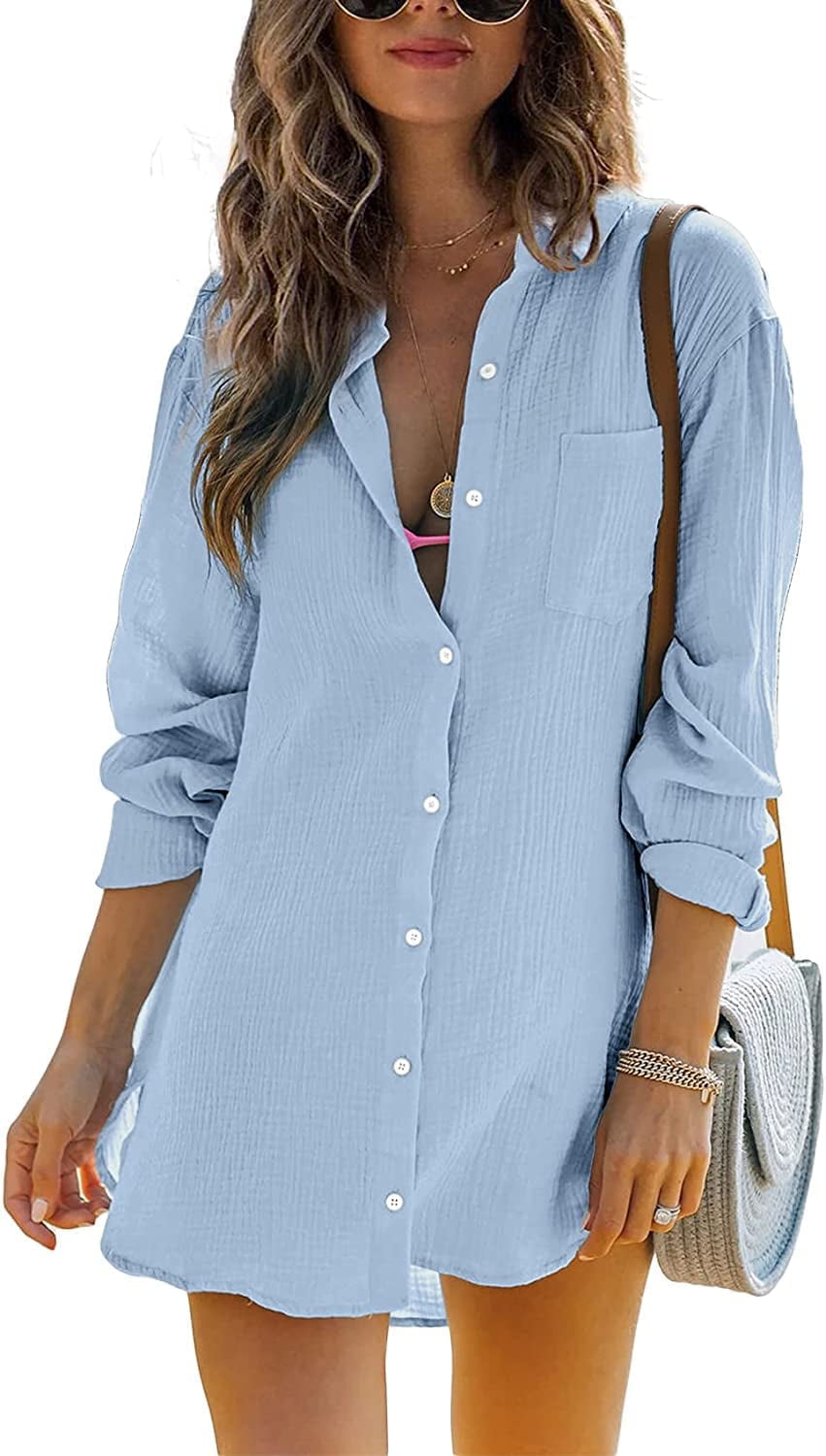 Ybenlow Women Button Down Shirts Summer Beach Cover Up Cotton Long ...