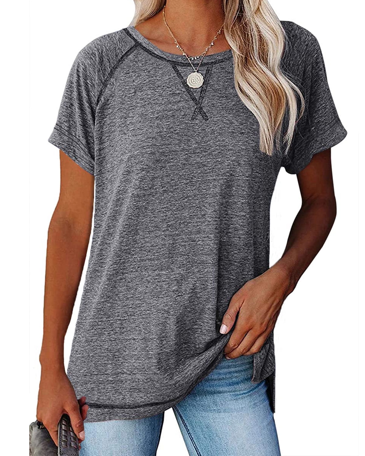 Ybenlow Women Short Sleeve Crewneck T Shirts Side Split Casual Tees ...