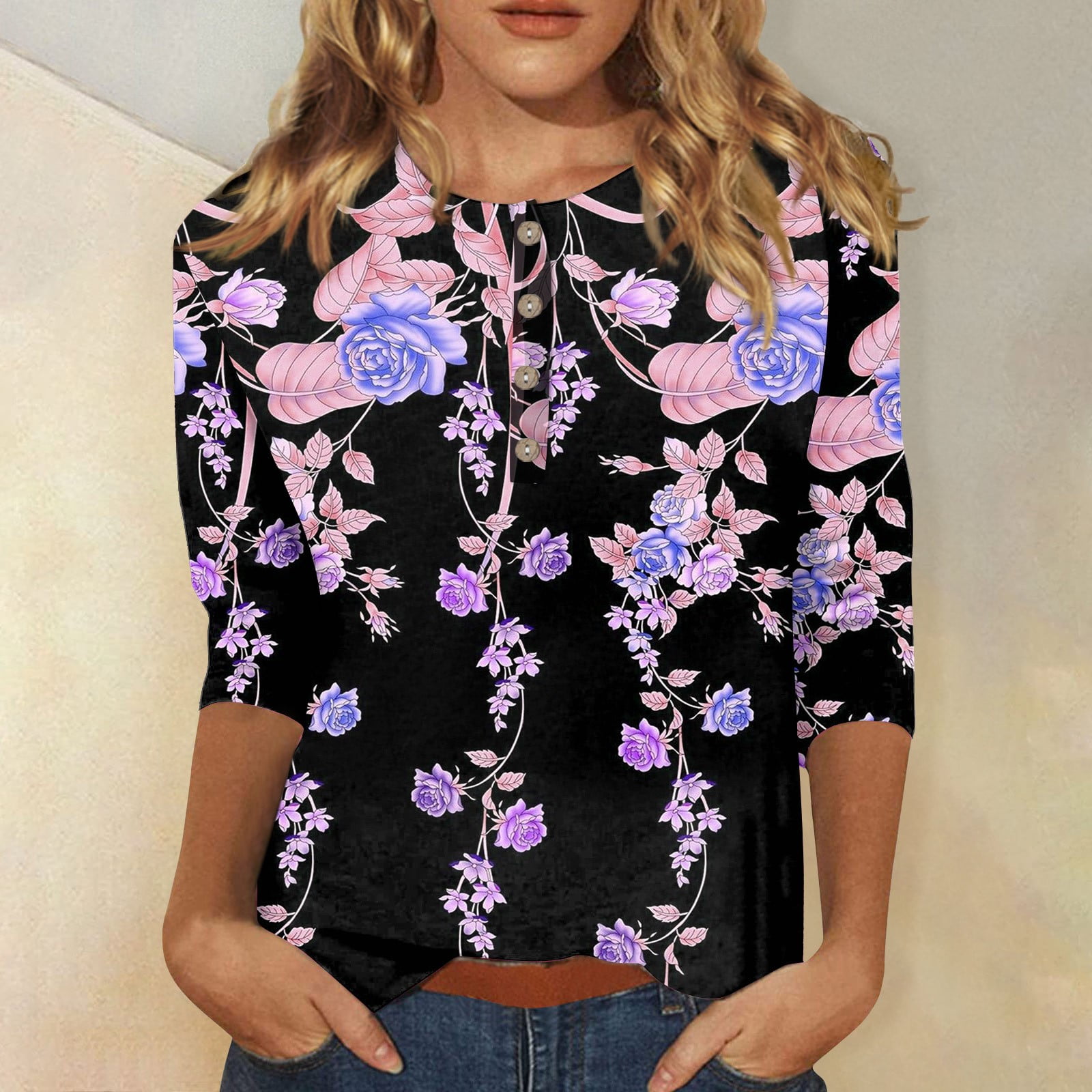 Ydkzymd 3/4 Length Sleeve Women's Shirts Henley Fall Crew Neck Retro ...