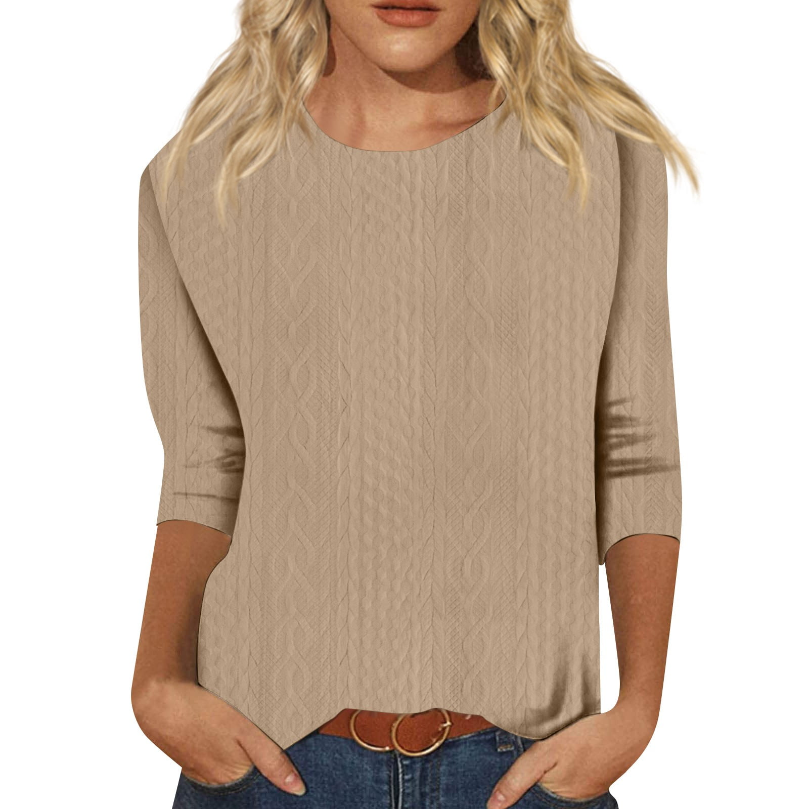 Ydkzymd 3/4 Sleeve Plain T Shirts for Women Crew Neck Elbow Sleeve Plus ...