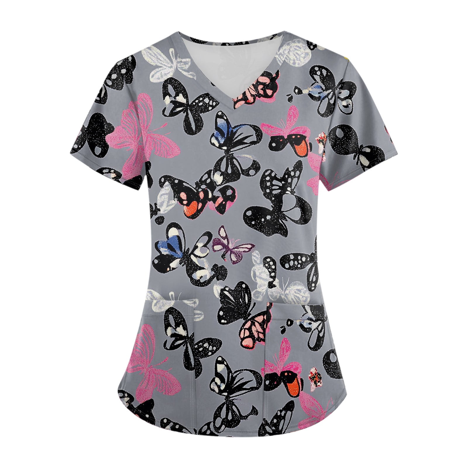 Ydkzymd Cartoon Scrub Tops Women Butterfly Prints V Neck Short Sleeve ...