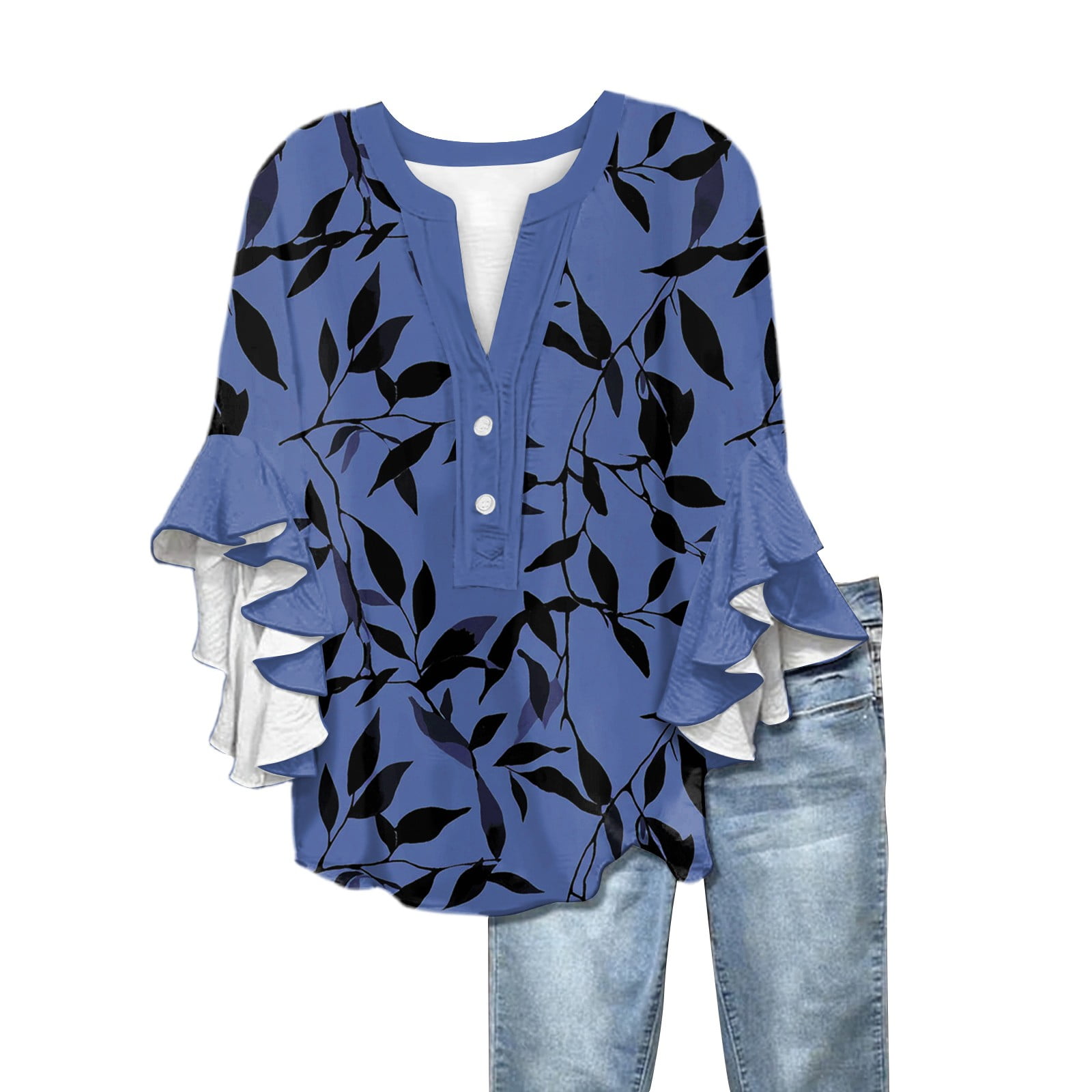 Ydkzymd Floral Tops for Women Trendy V Neck Flowy Ruffle Sleeve 3/4 ...