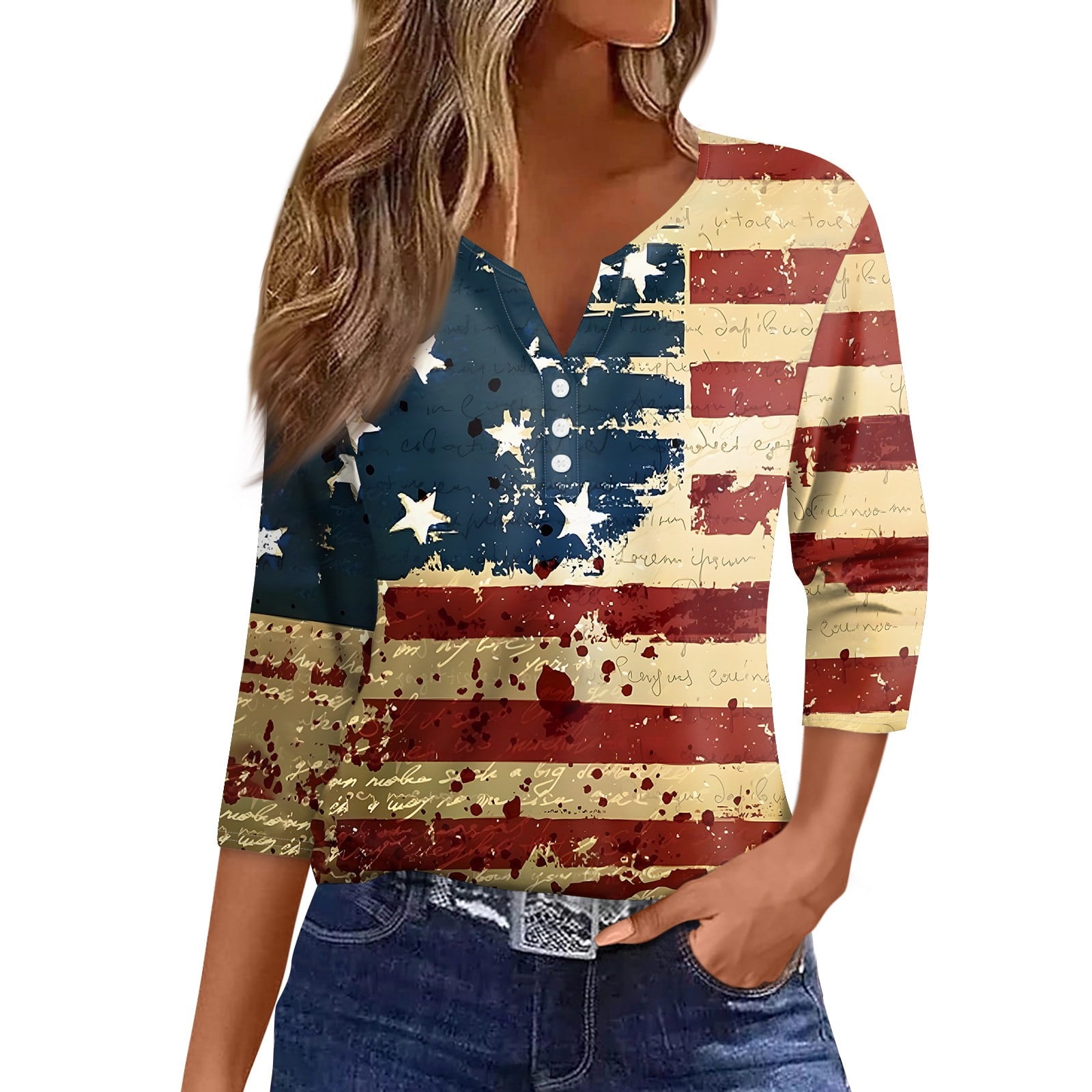 Ydkzymd Independence Day Patriotic Womens Tops Elbow Length Henley ...