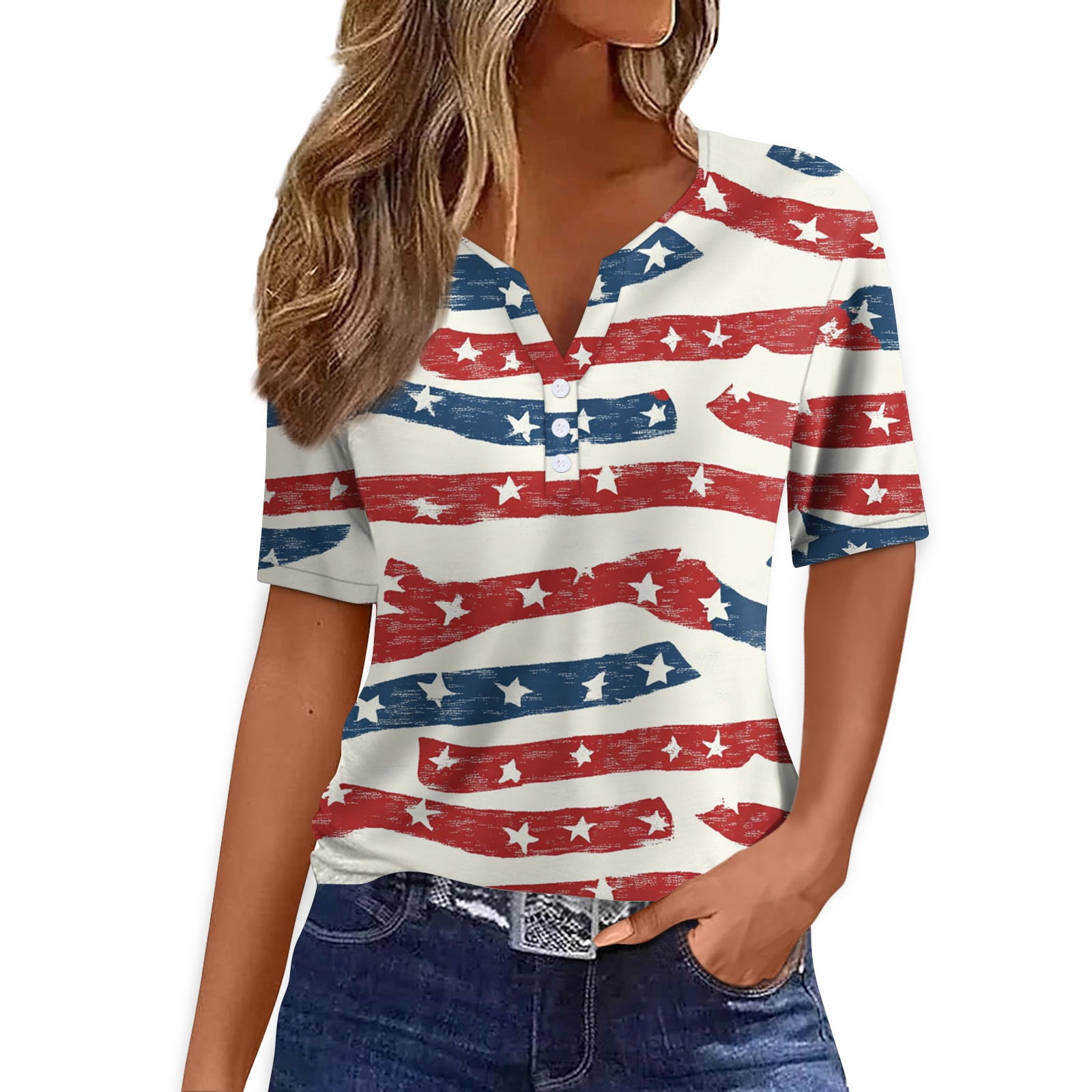 Ydkzymd Independence Day Red White Blue Shirts for Women Short Sleeve V ...