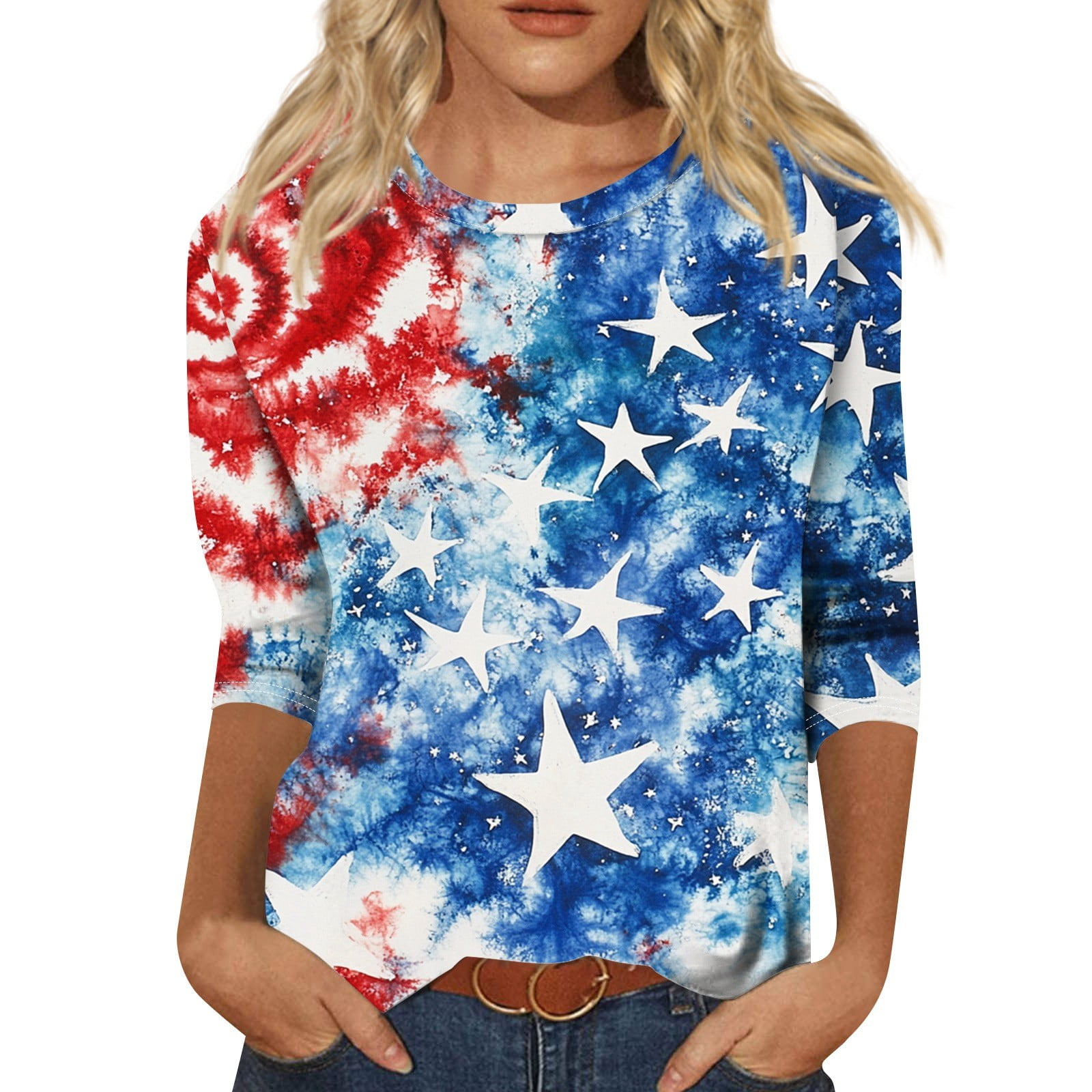 Ydkzymd Independence Day Usa Flag Shirt Women Elbow Length Crew Neck ...