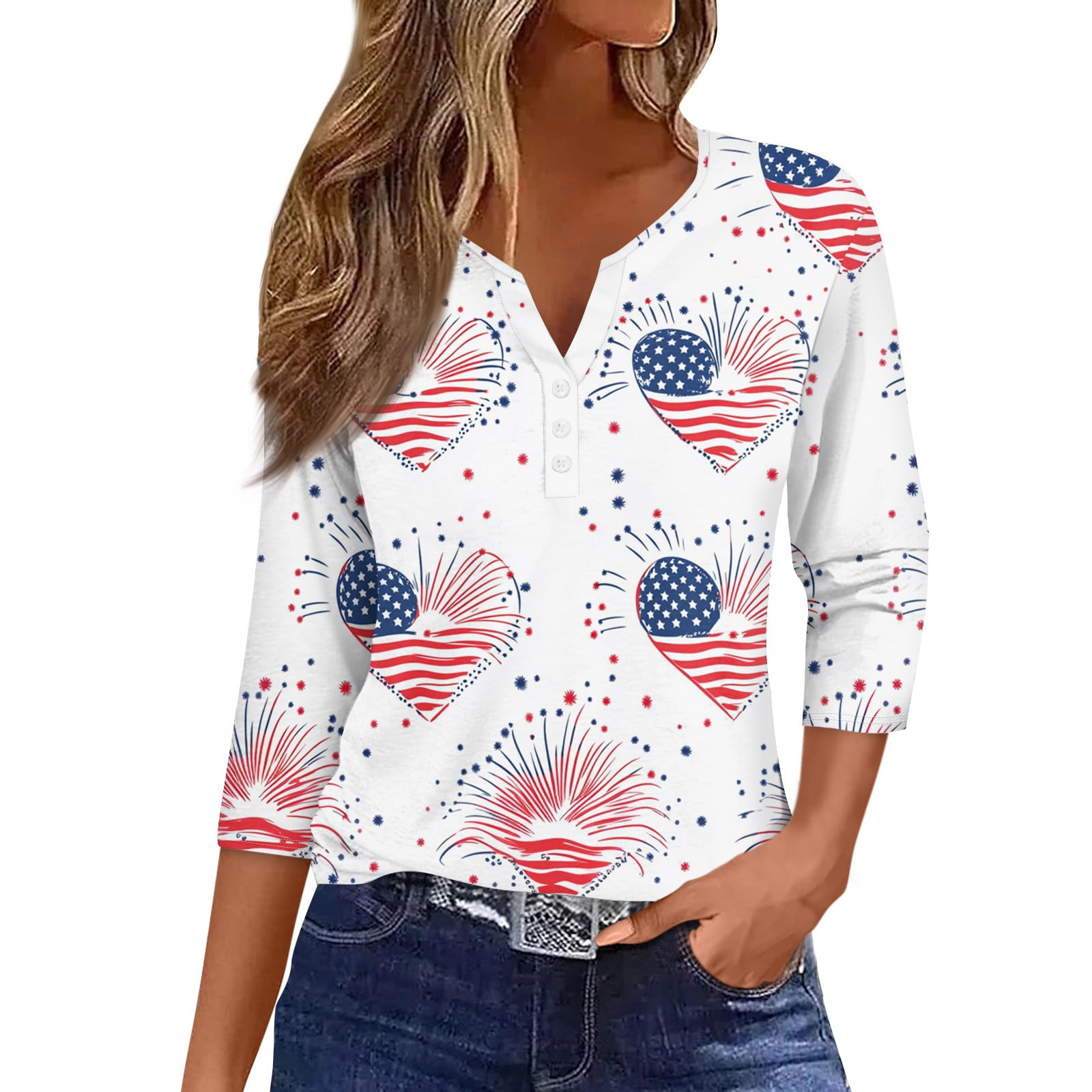 Ydkzymd Independence Day Usa Shirt Women American Flag Elbow Length V ...